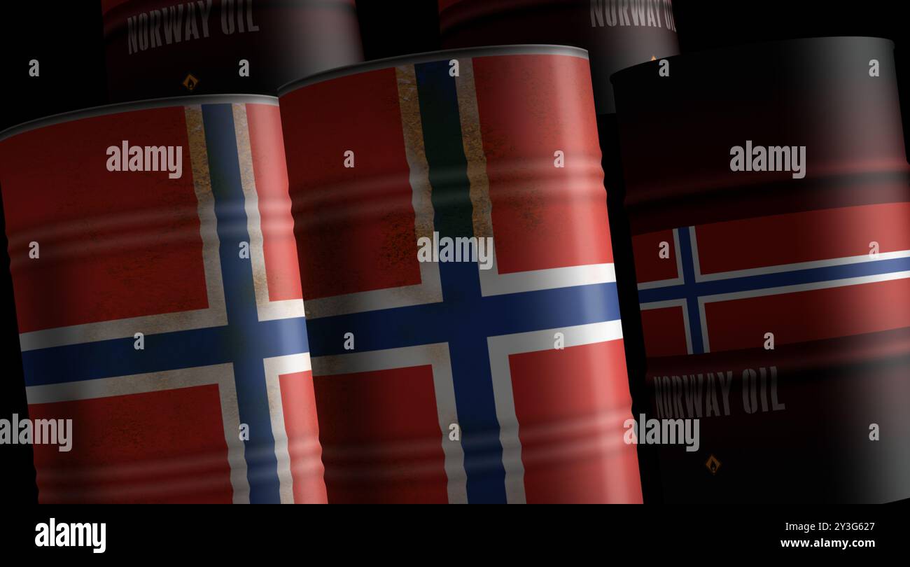 Norway oil crude petroleum fuel barrels in row concept. Norwegian ...