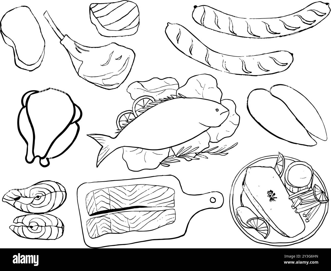 hand drawn illustration of fish and meat, doodles of meat and fish ...