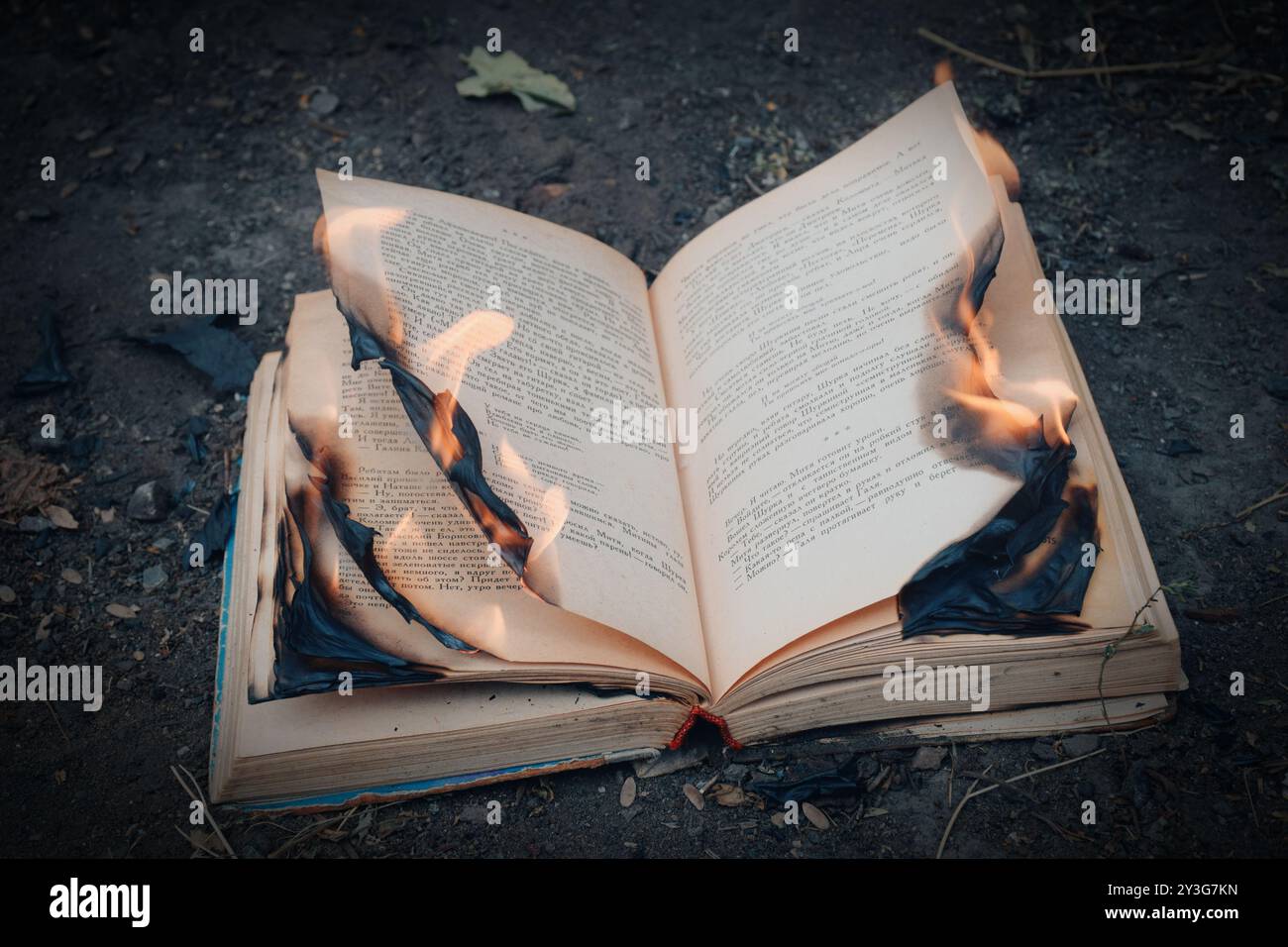The photo shows a brightly burning book, its pages fluttering in the ...