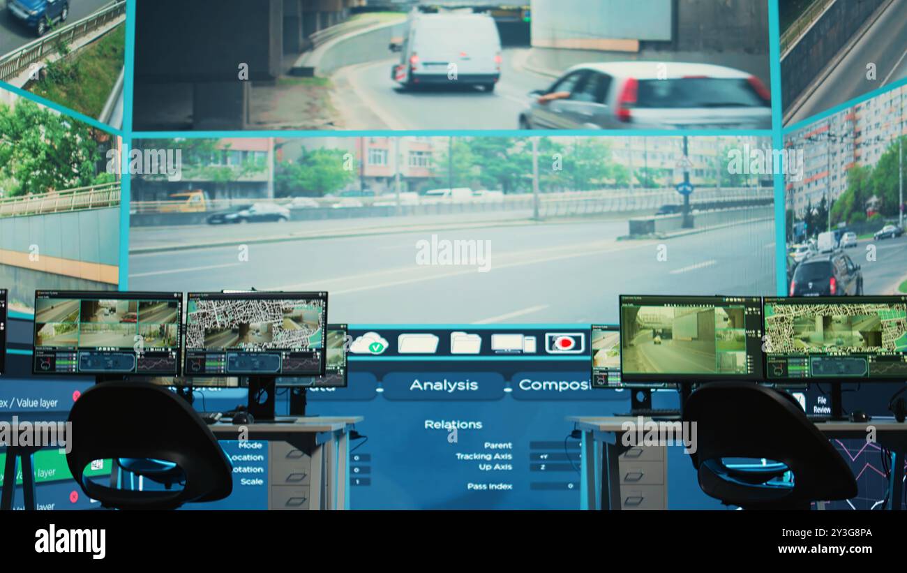 Empty monitoring room using a big screen to observe traffic through ...