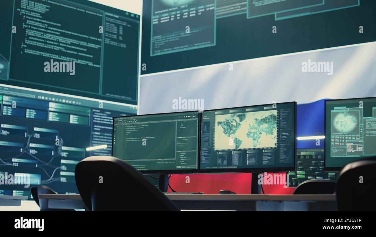Surveillance and hacking room with a Russian flag on big screen ...