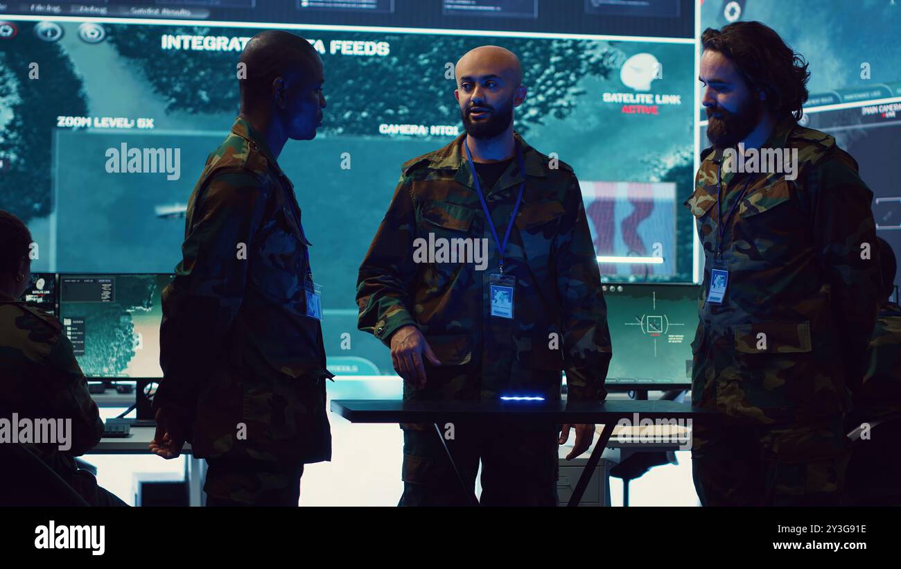 Navy operation specialists monitoring surveillance radar through a ...