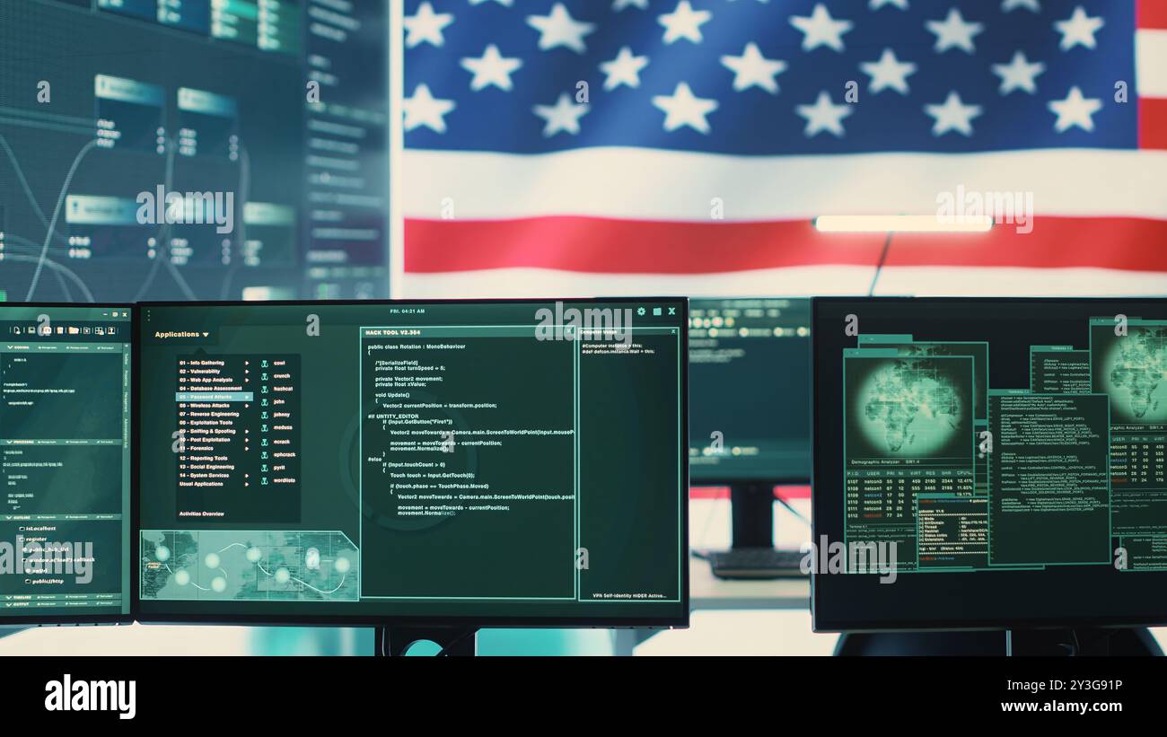 High tech cybersecurity room with American flag shown on big screen ...