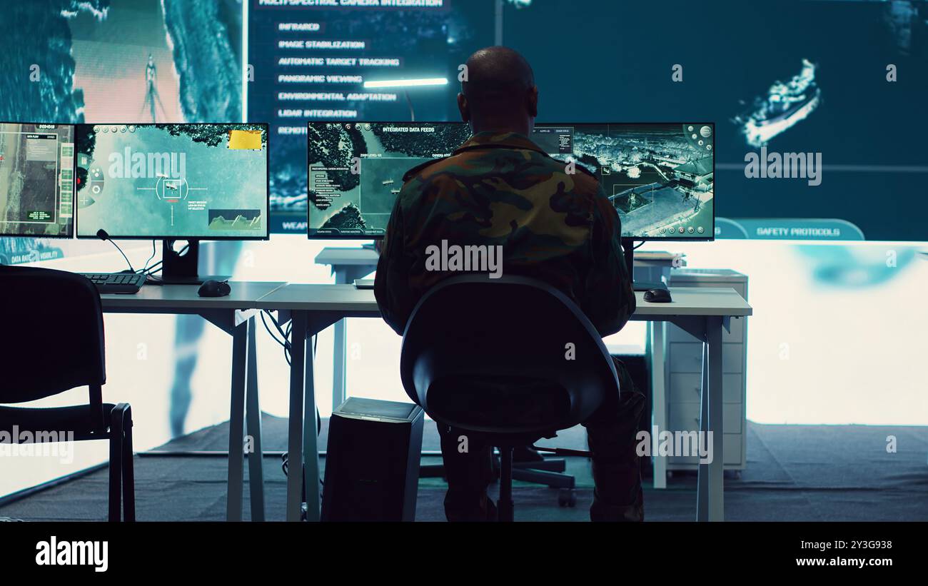 Army officer establishing new operating bases through a world map ...