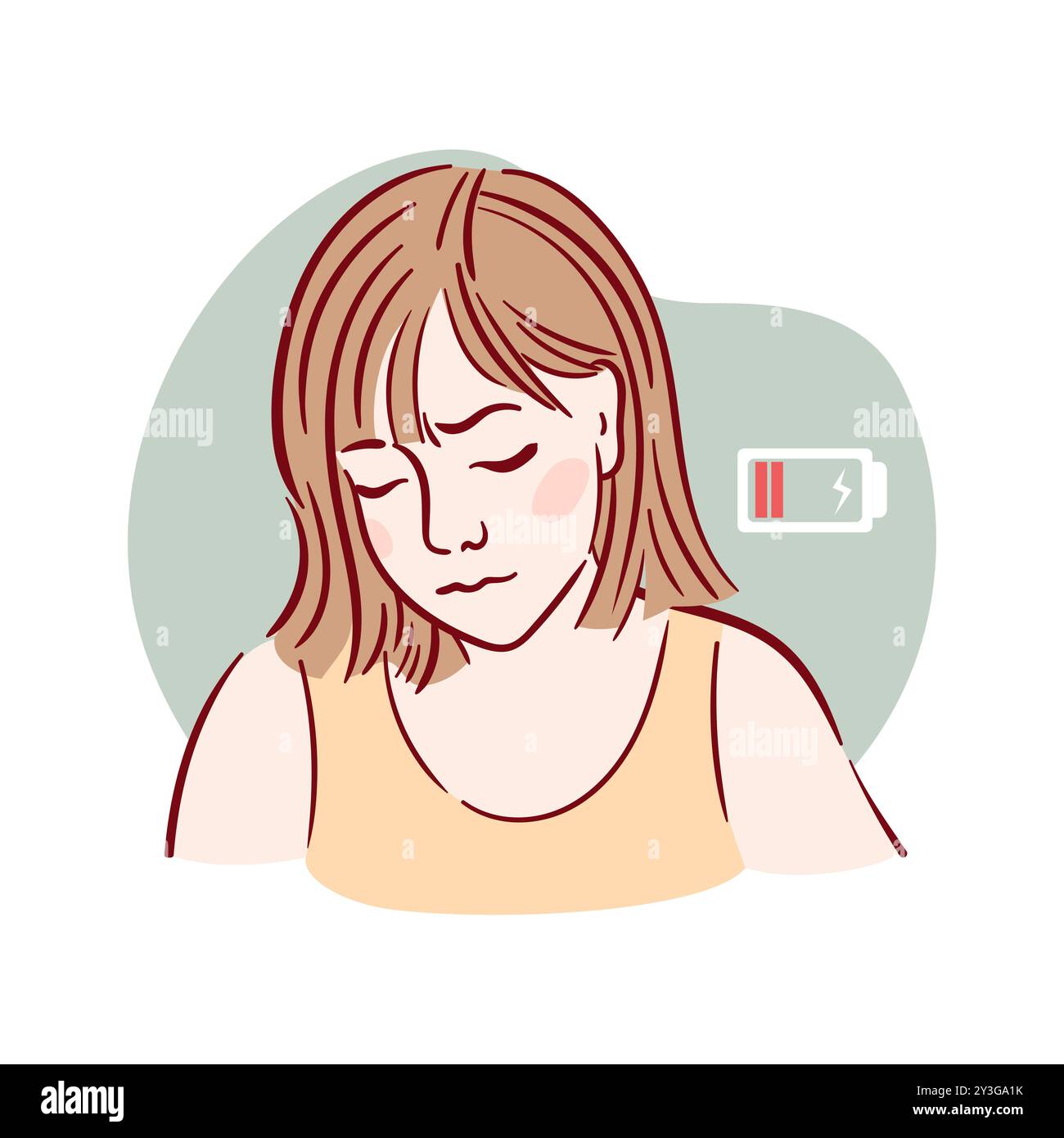 A visibly fatigued woman is depicted alongside a low battery icon ...