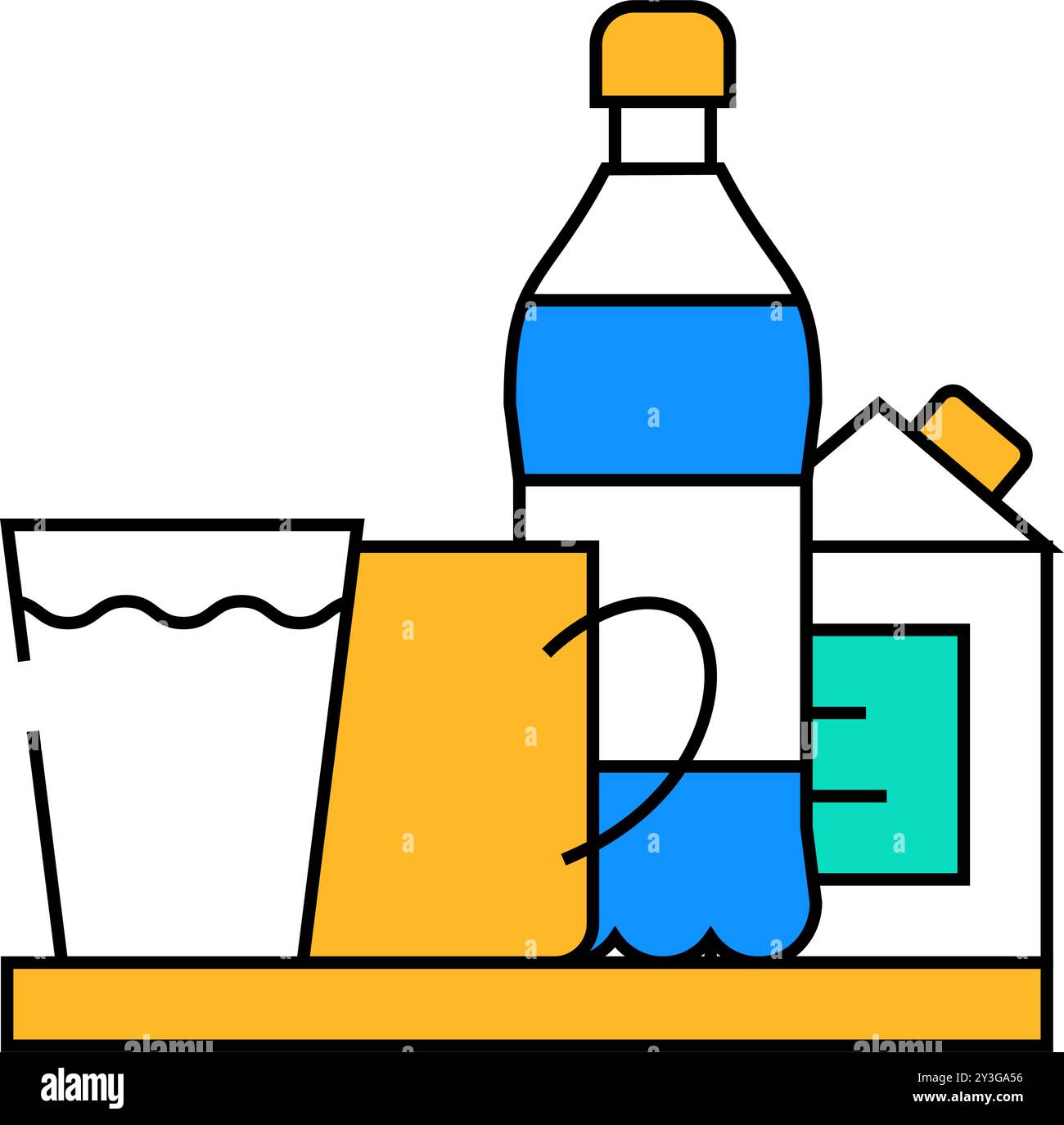 water and milk, tea and juice drinks on tray icon color illustration ...