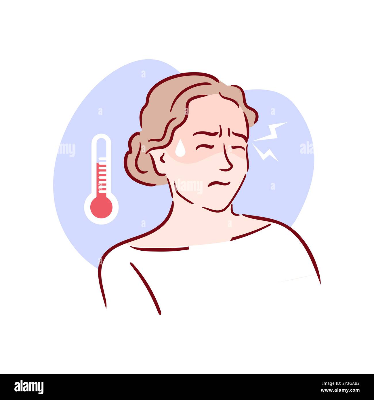 An illustration displays a woman experiencing clear symptoms of illness ...