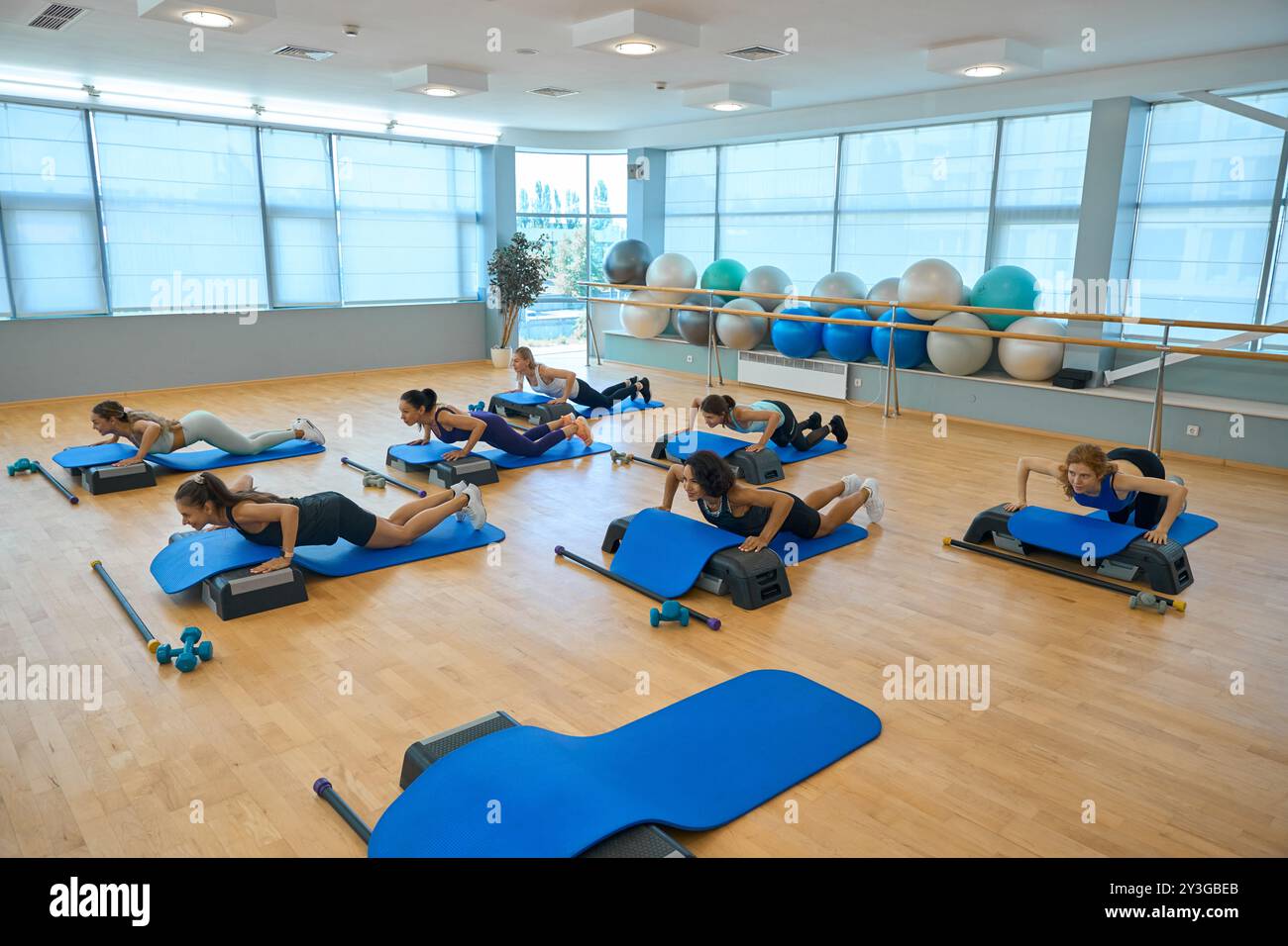 Group of women in training clothes perform strength exercises Stock ...