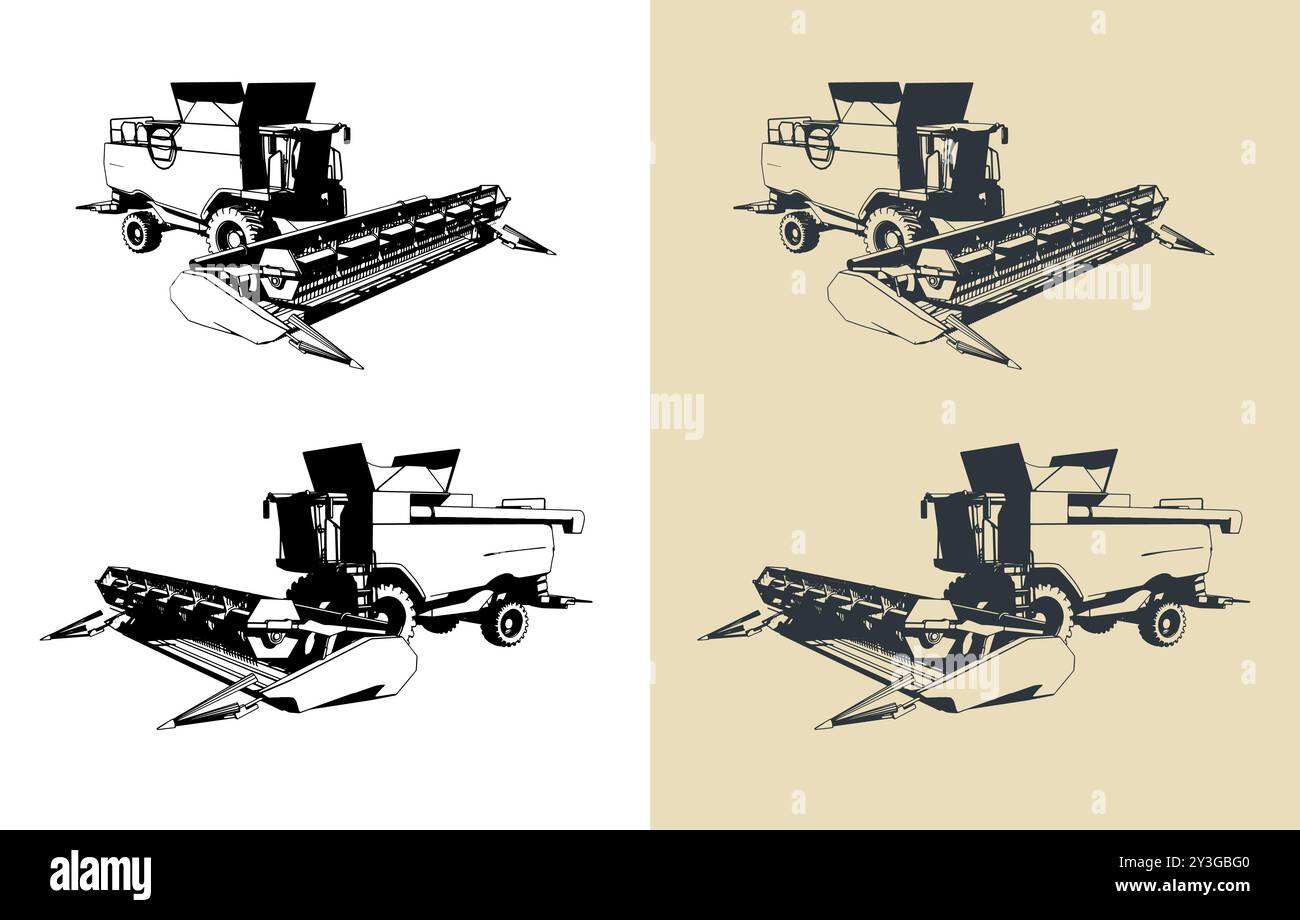 Stylized vector illustrations of a combine harvester Stock Vector Image ...
