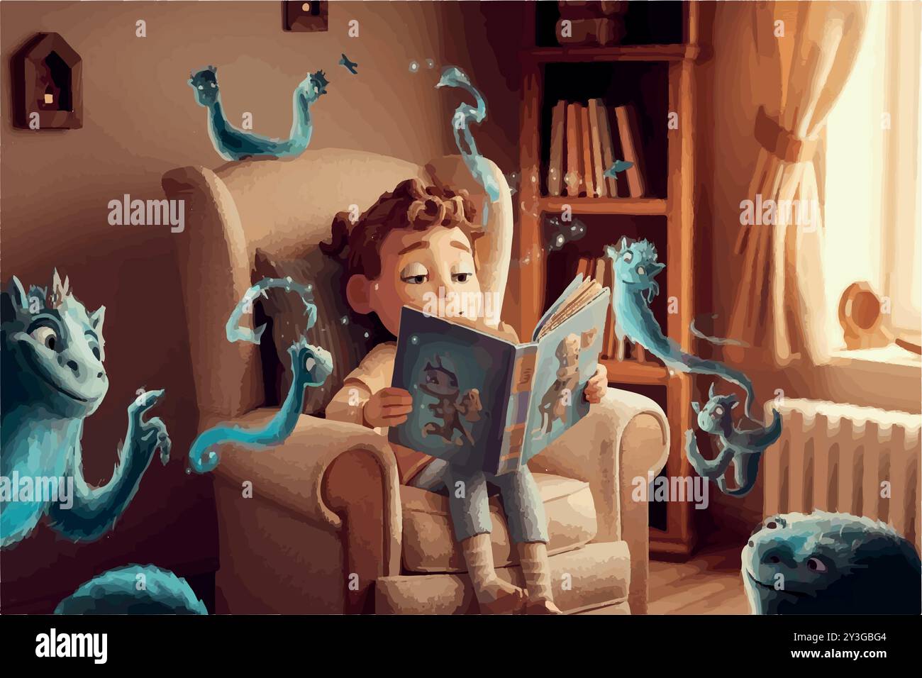 Magical bedtime scene with a child reading storybook, surrounded by ...