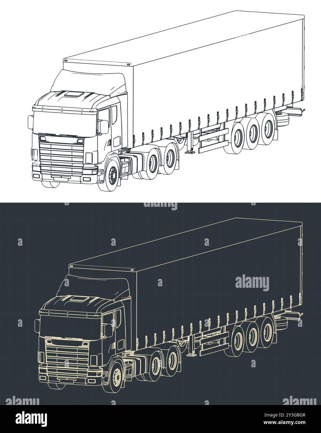 Stylized vector illustrations of isometric blueprints of a semi truck ...