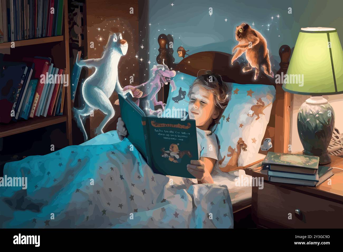Magical bedtime scene with a child reading storybook, surrounded by ...