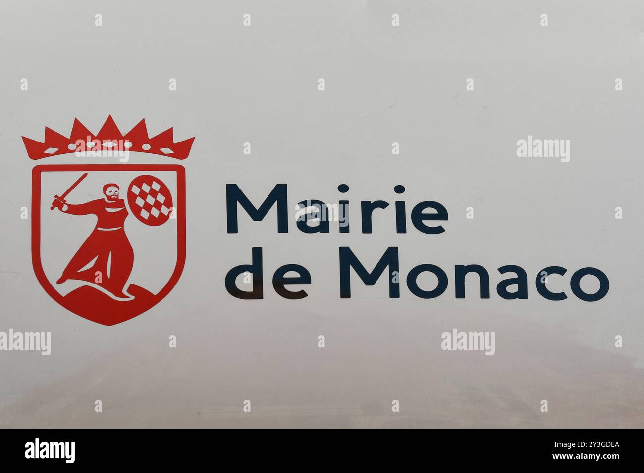 Close-up of the sign and coat of arms of the city hall of Monaco, a ...