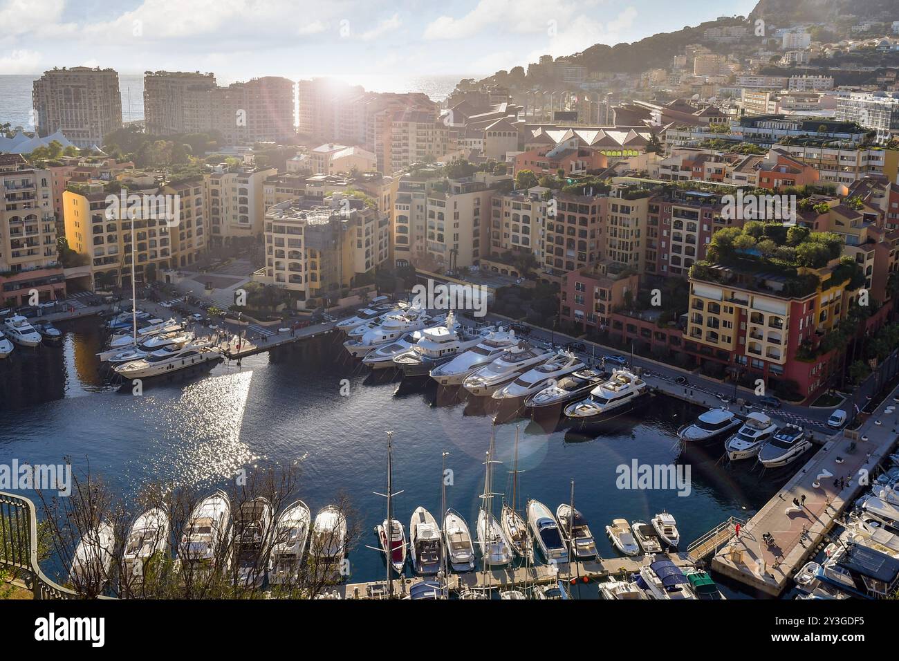 High-angle view of the yacht marina of the Fontvieille seaside district ...