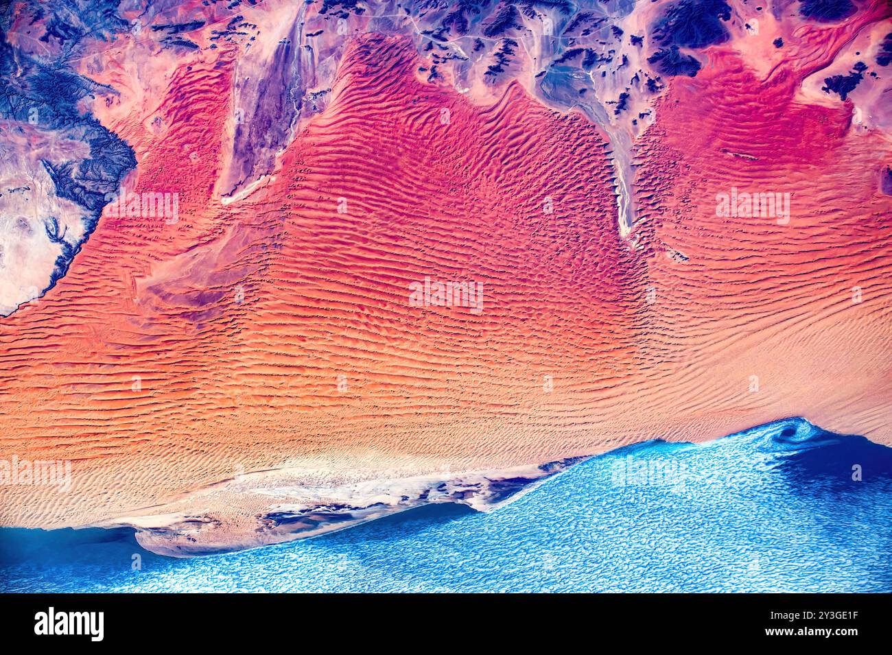 Coastline features in Namibia. Digital enhancement of an image by NASA ...