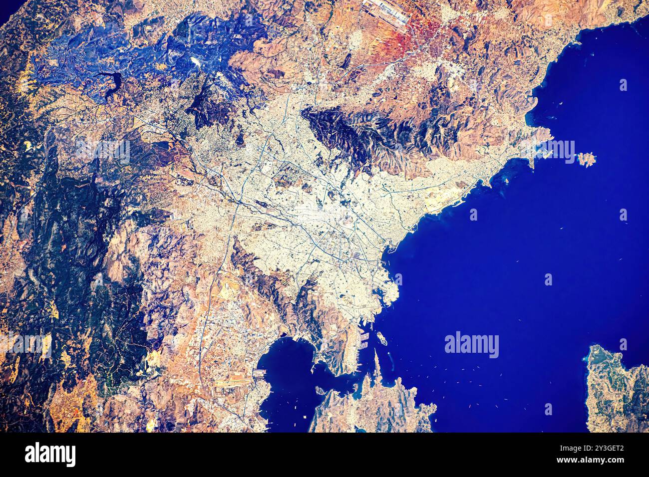 Coastal and land features in Athens, Greece. Digital enhancement of an ...
