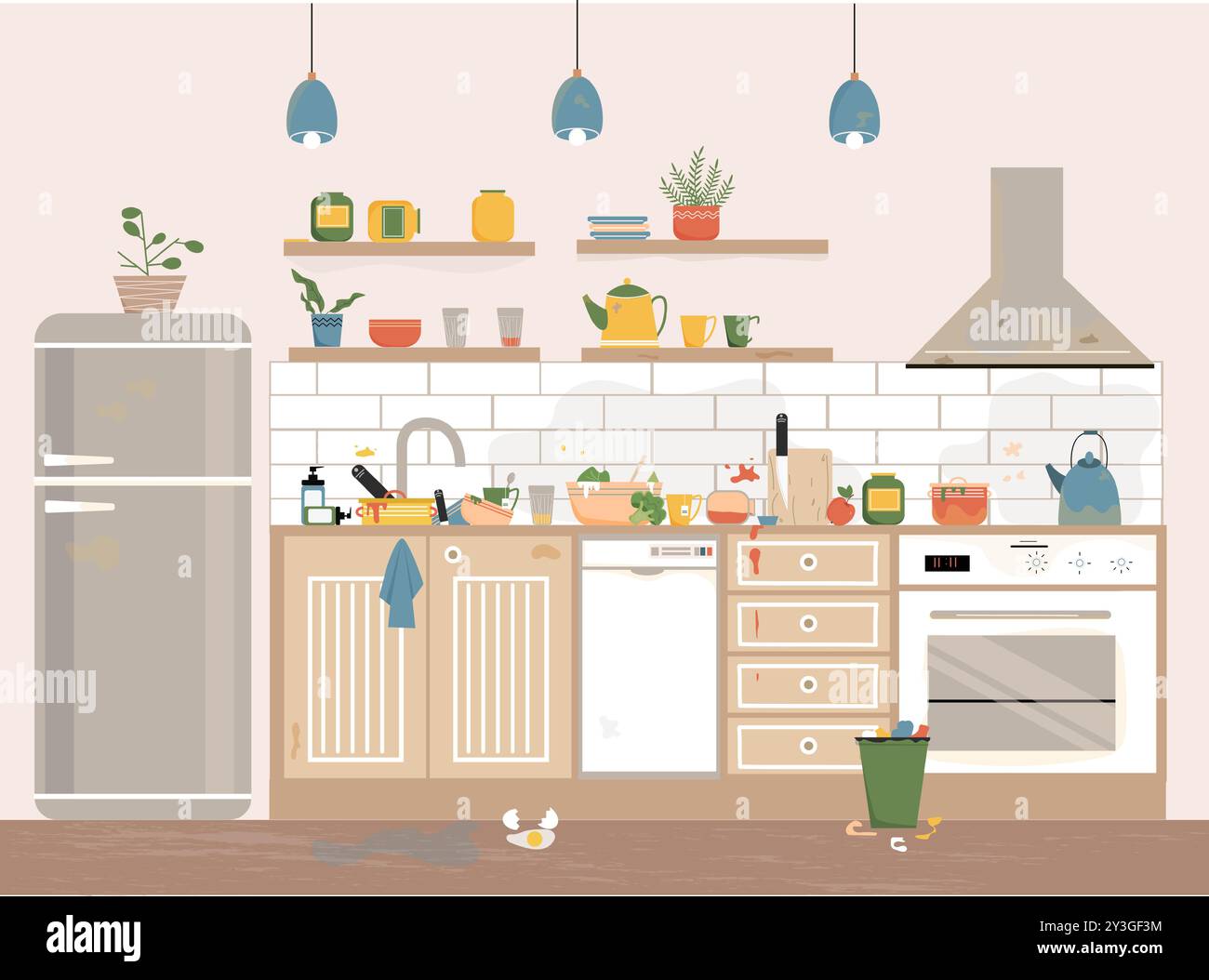 Interior of a dirty and messy kitchen with dirty dishes, furniture ...