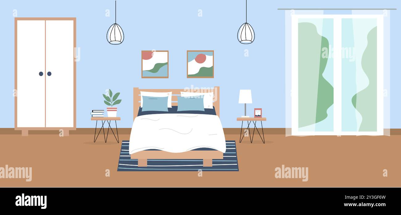 Modern bedroom interior. Bed, wardrobe, wardrobe, plants, pictures ...