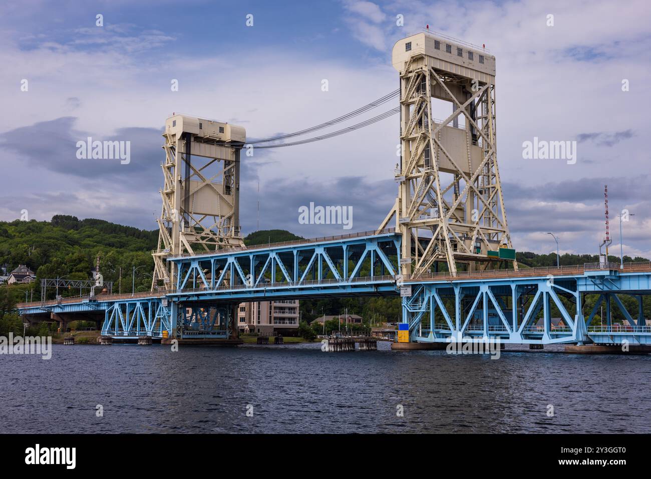 A double deck lift bridge crossing a river Stock Photo - Alamy