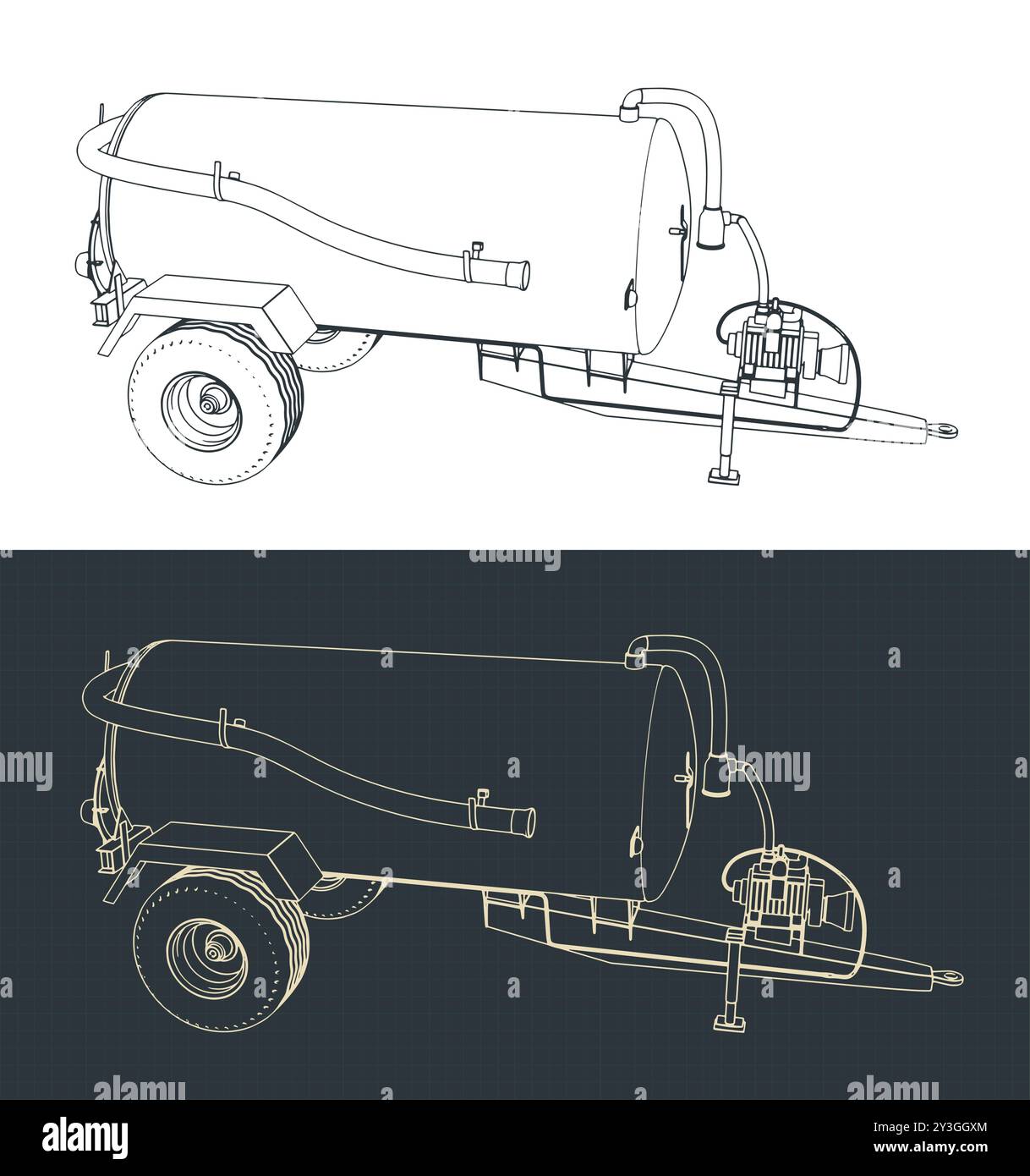 Stylized vector illustrations of blueprints of a liquid manure spreader ...