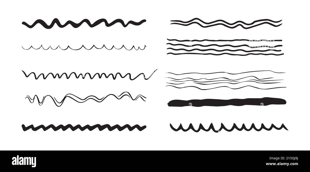 Black hand-drawn wavy and zigzag lines set isolated on white background ...