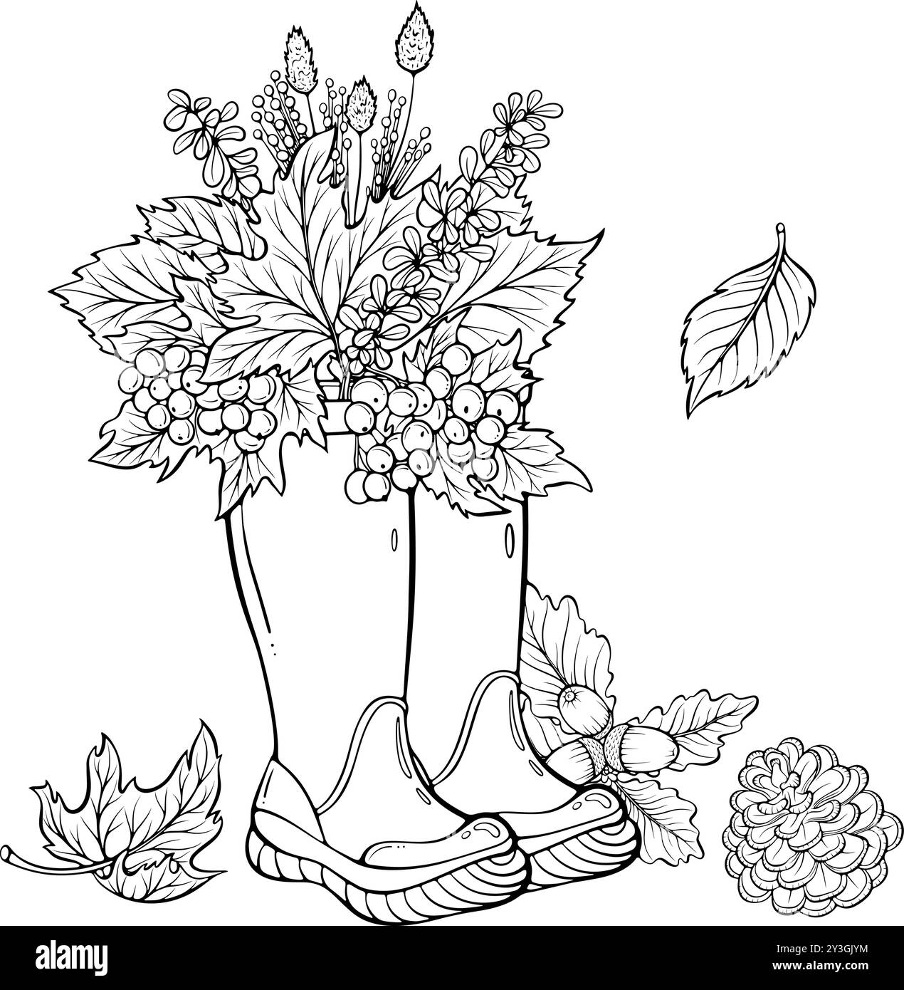 Autumn still life with rubber boots, autumn leaves line art Stock ...