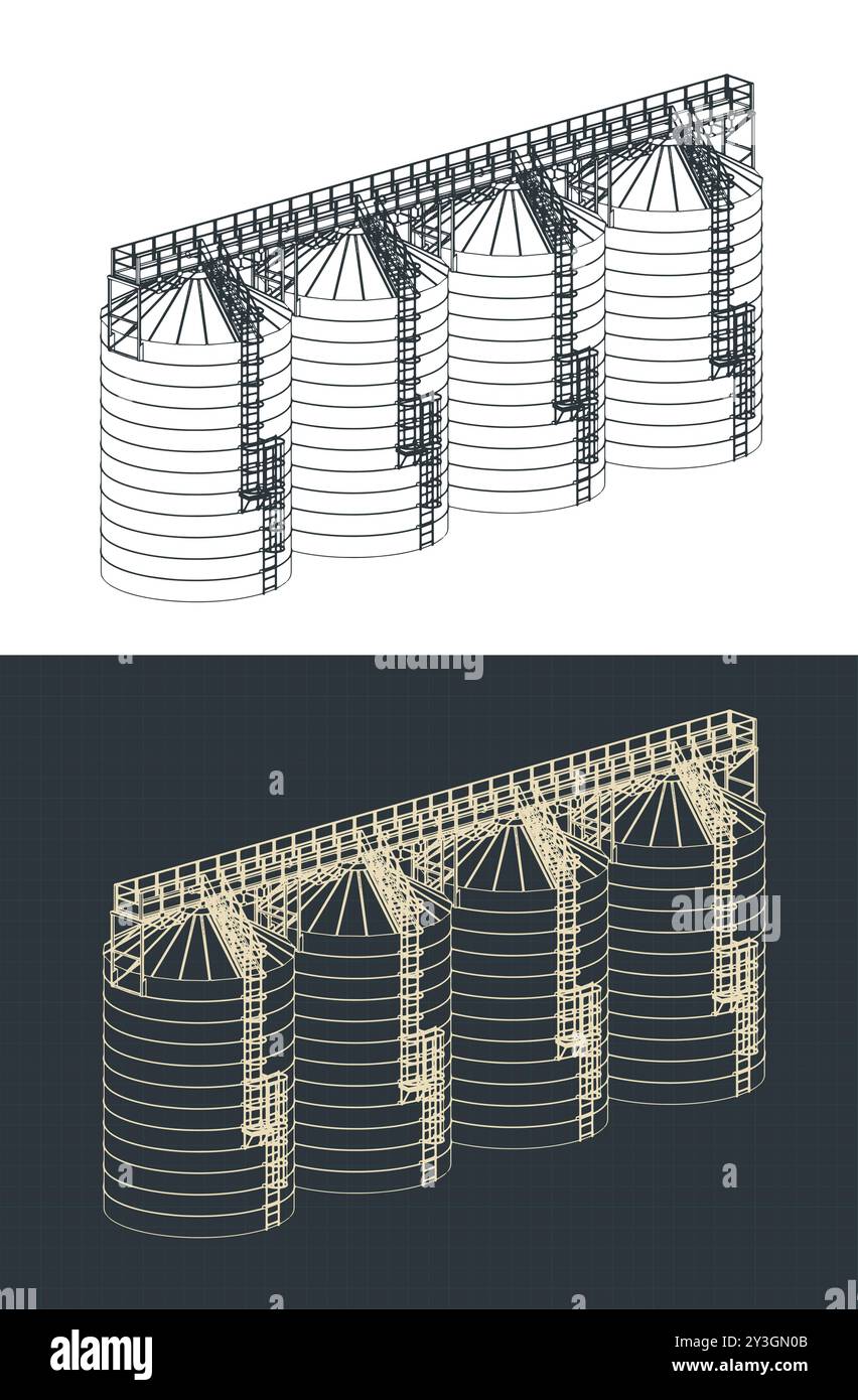 Stylized vector illustration of isometric blueprints of a grain storage ...