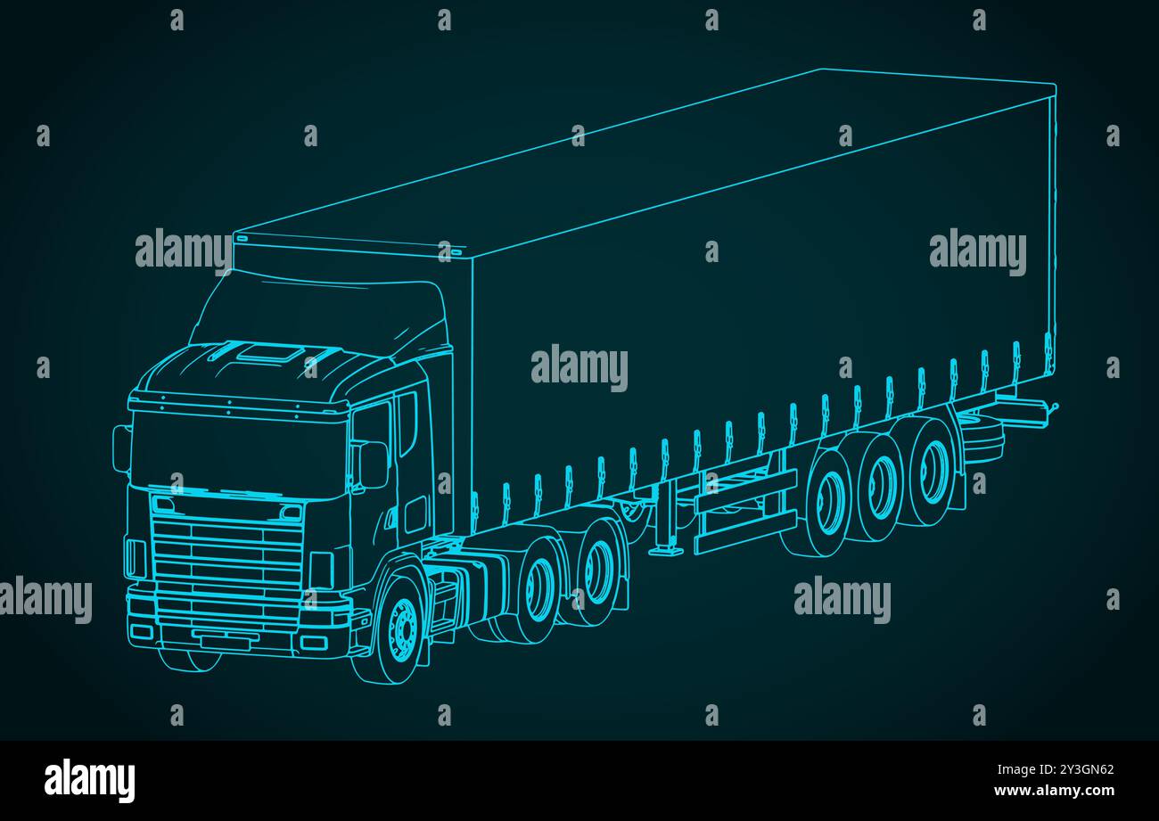 Stylized vector illustration of isometric blueprints of a semi truck ...