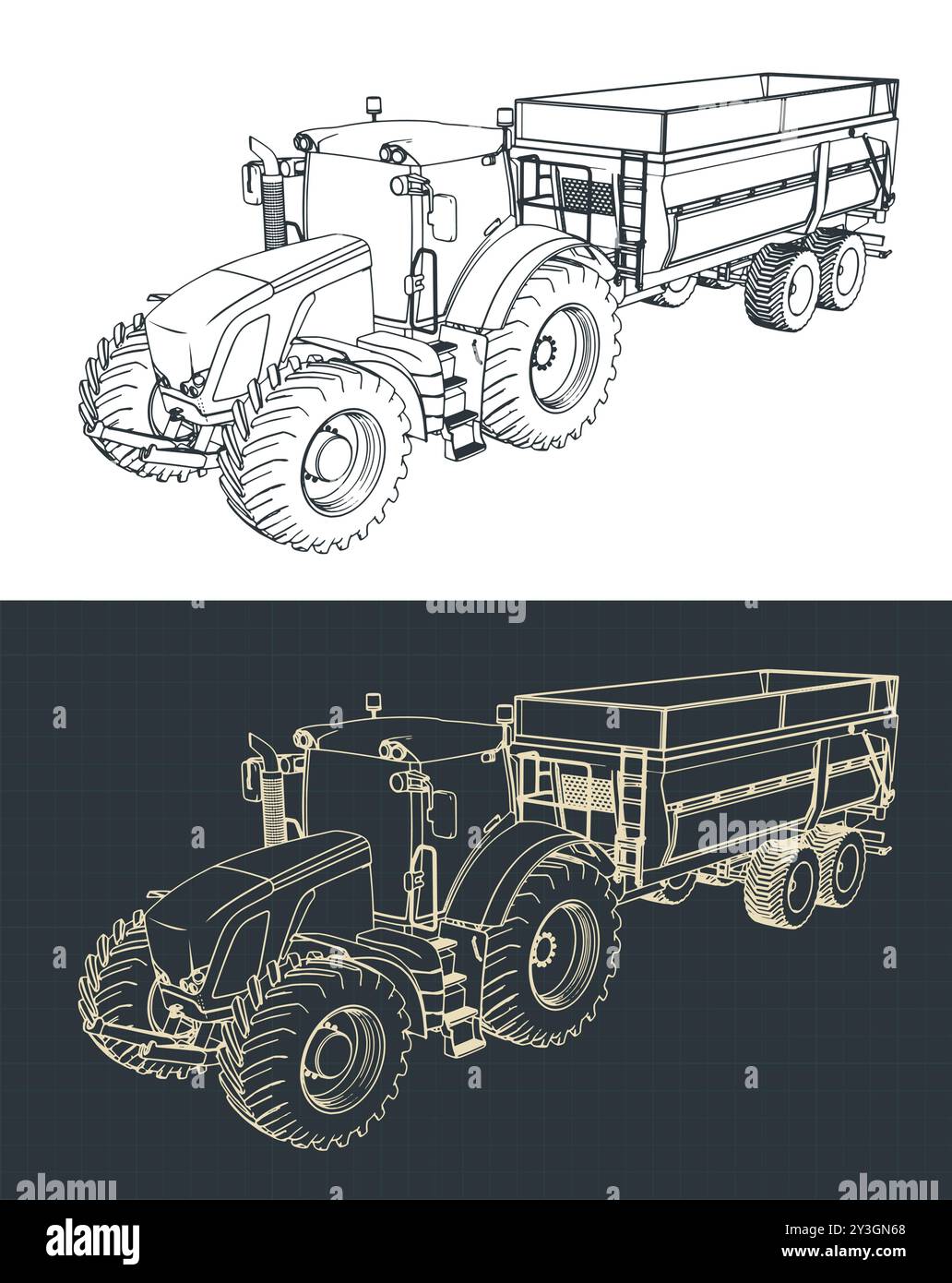 Stylized vector illustrations of sketches of a tractor with trailer ...