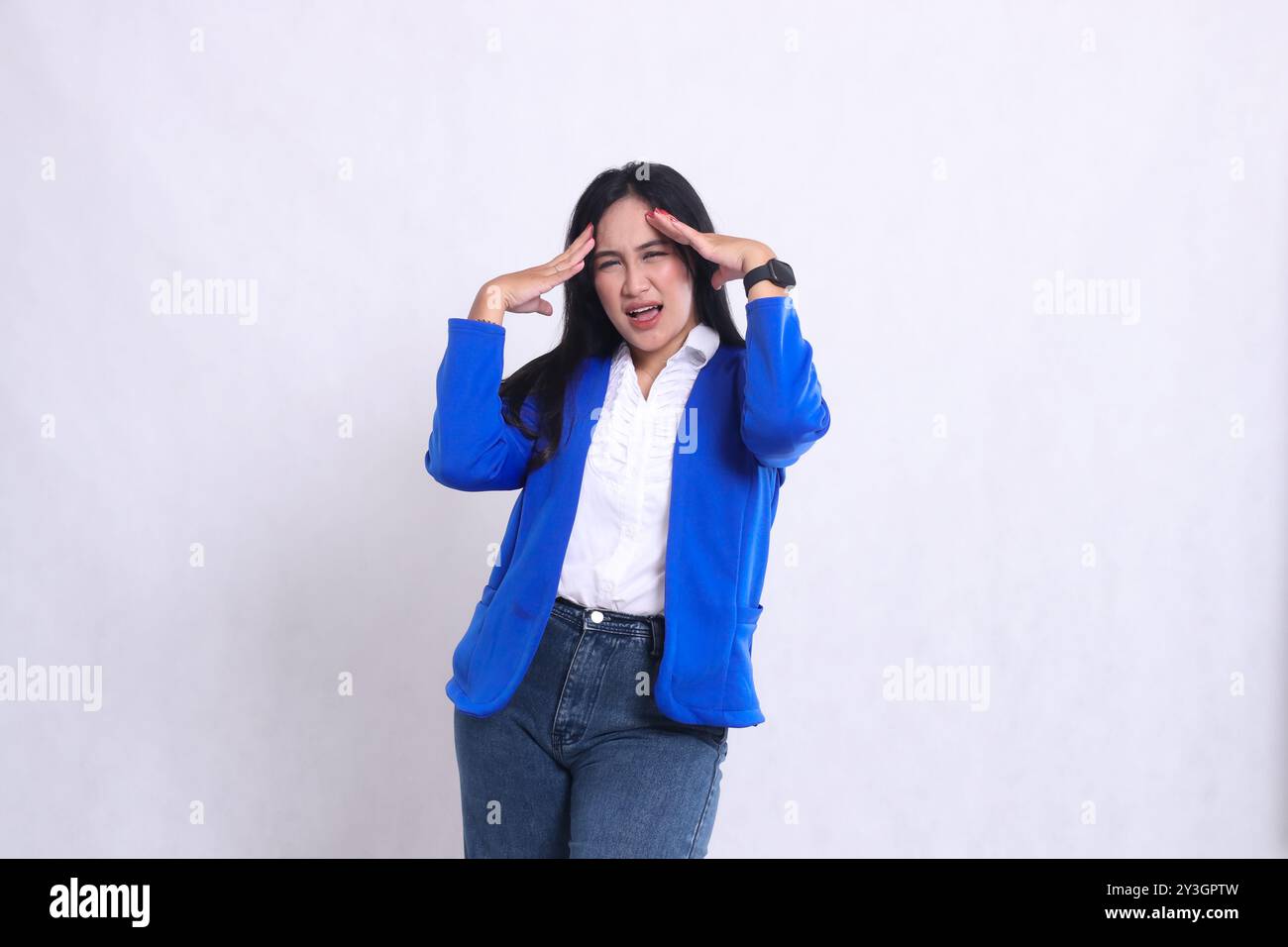 gesture of beautiful young office girl wearing a blue formal suit ...