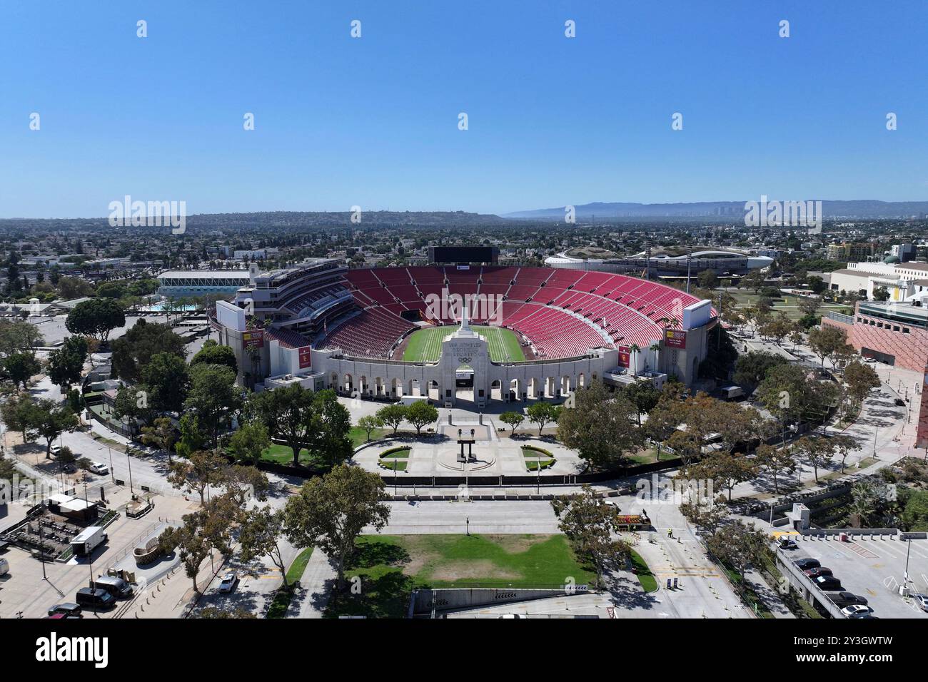 A general overall aerial view of the Los Angeles Memorial Coliseum ...
