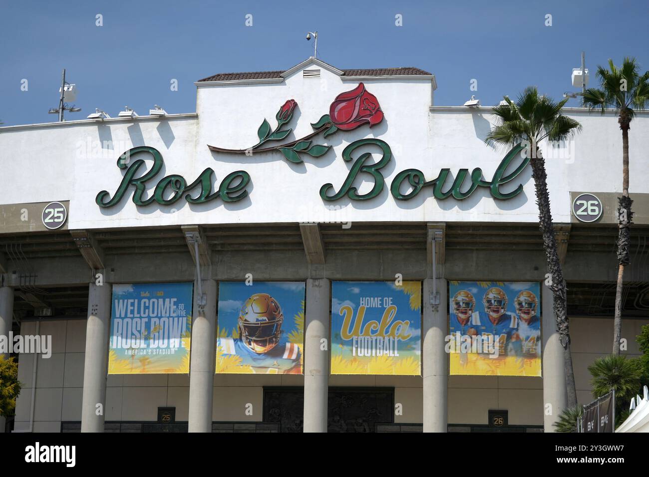 UCLA Bruins football signage on the Rose Bowl stadium facade, Friday ...