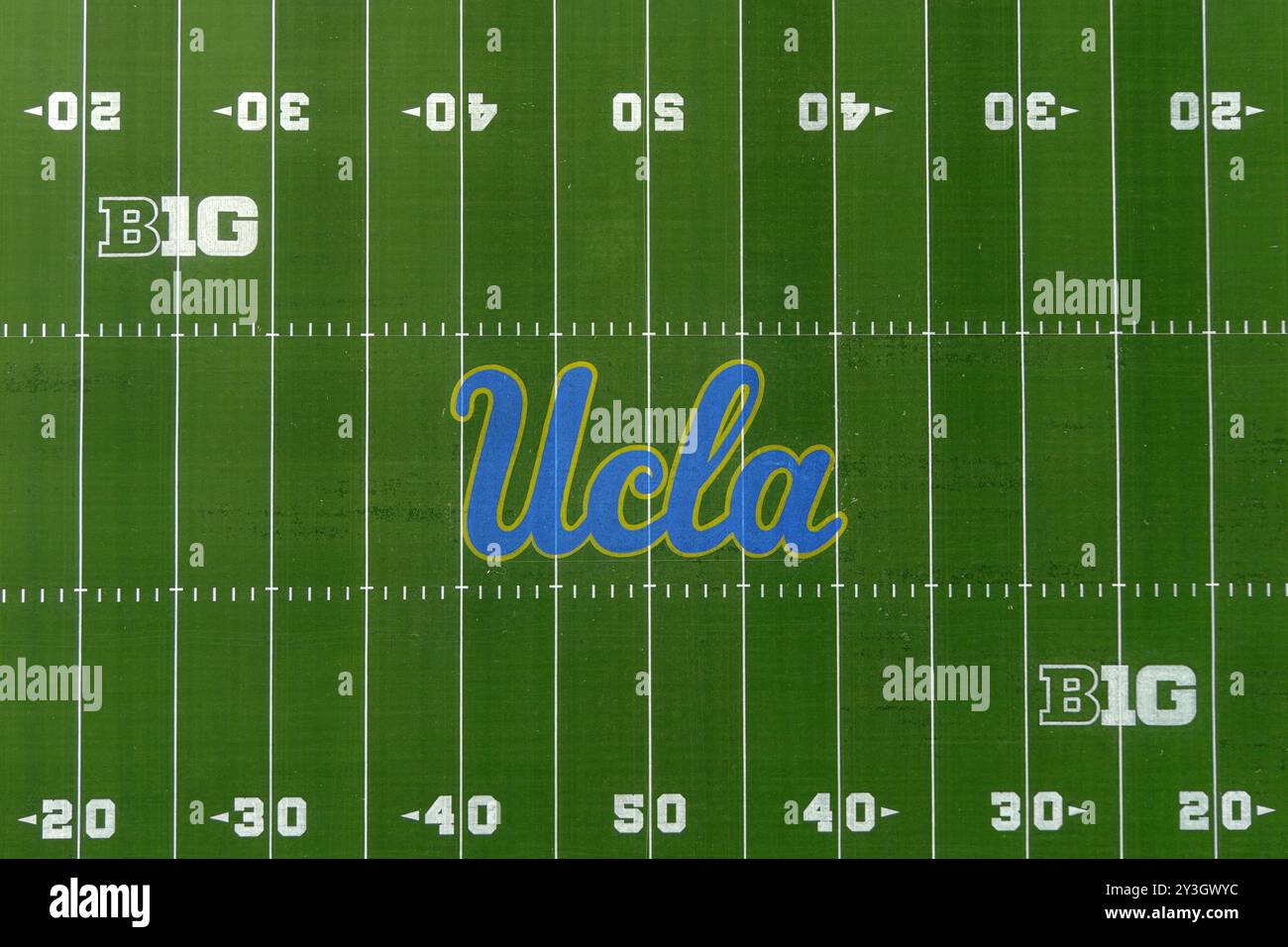 The UCLA Bruins logo at midfield of the football field at Rose Bowl ...