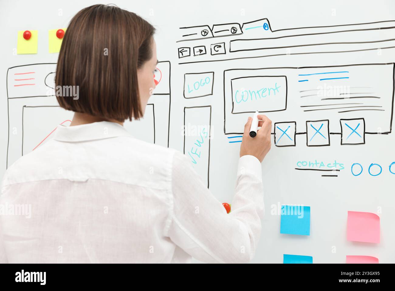 Developing UI design. Woman drawing website wireframe on whiteboard ...