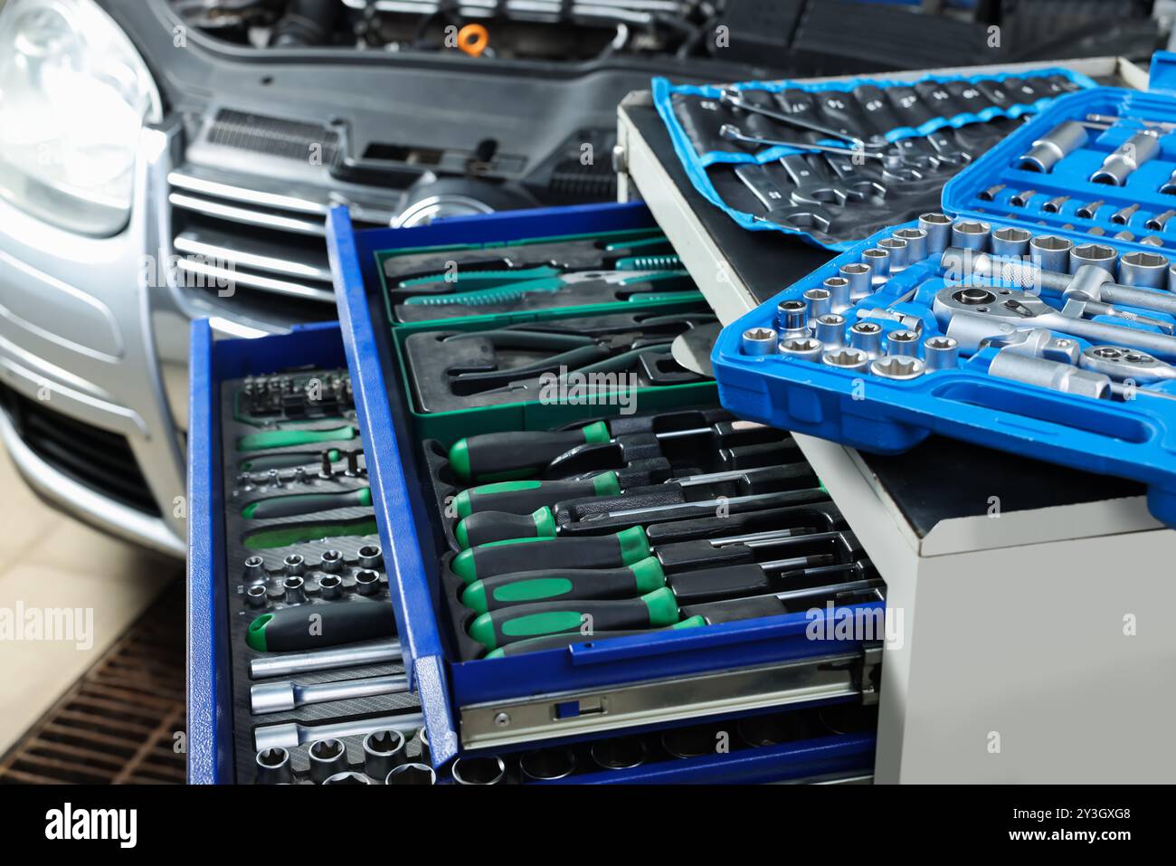 Set of different auto mechanic's tools at automobile repair shop Stock ...