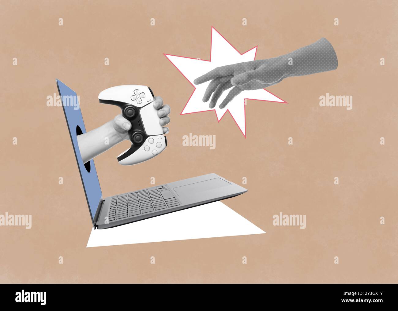 Man's hand reaching for woman's hand with gamepad sticking out of ...