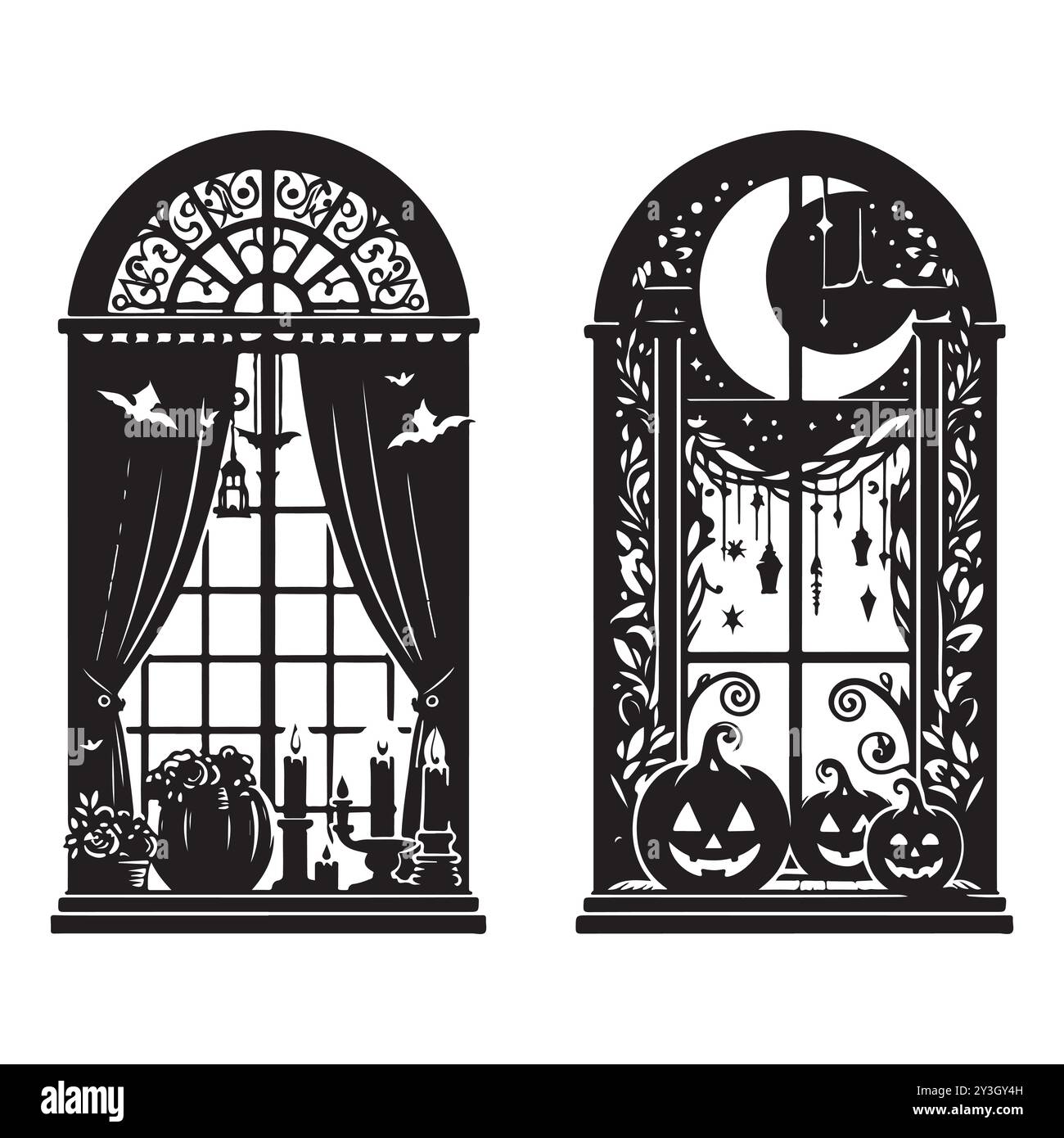 Set of Halloween window silhouettes isolated on a white background ...