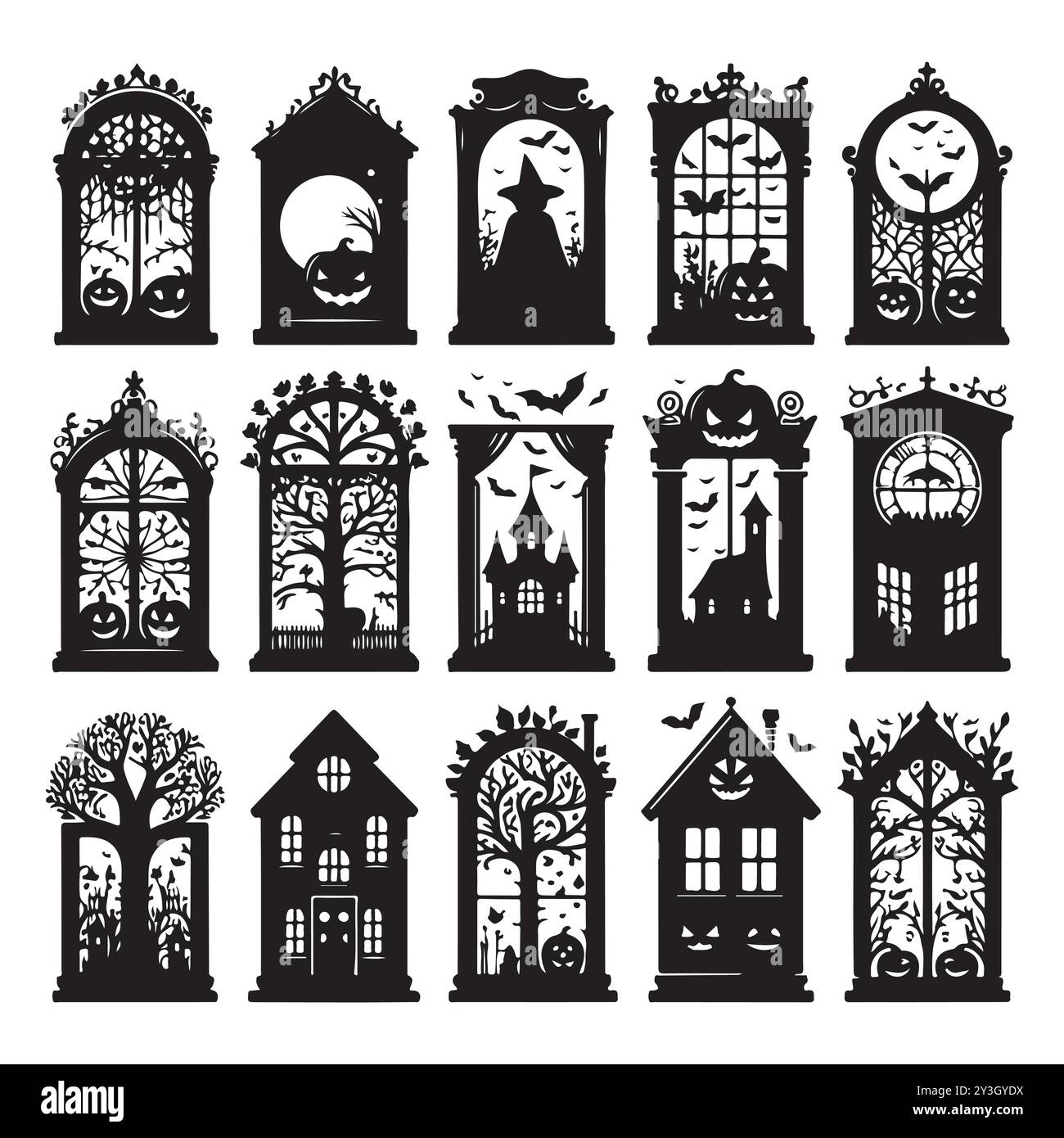 Set of Halloween window silhouettes isolated on a white background ...