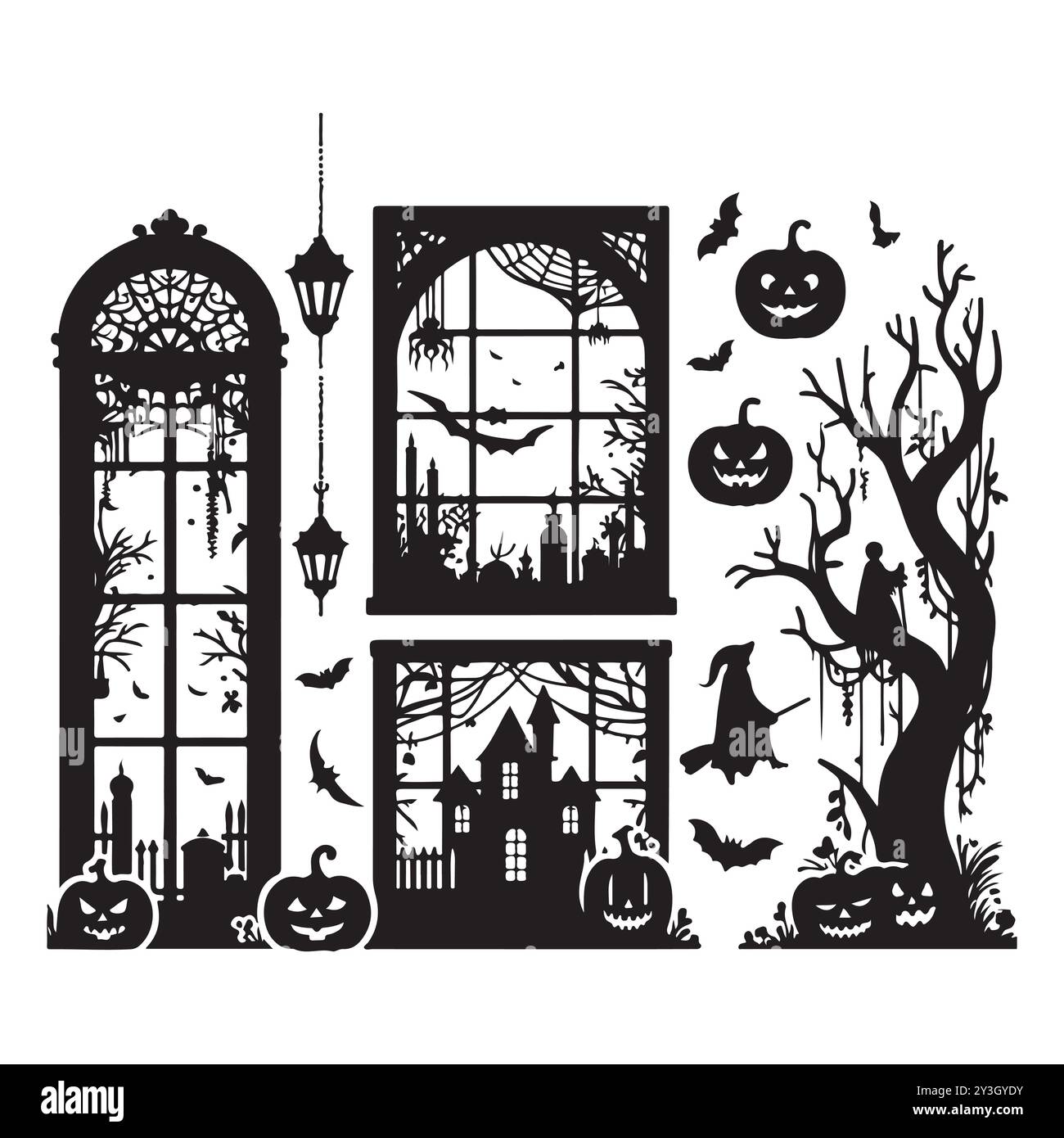 Set of Halloween window silhouettes isolated on a white background ...