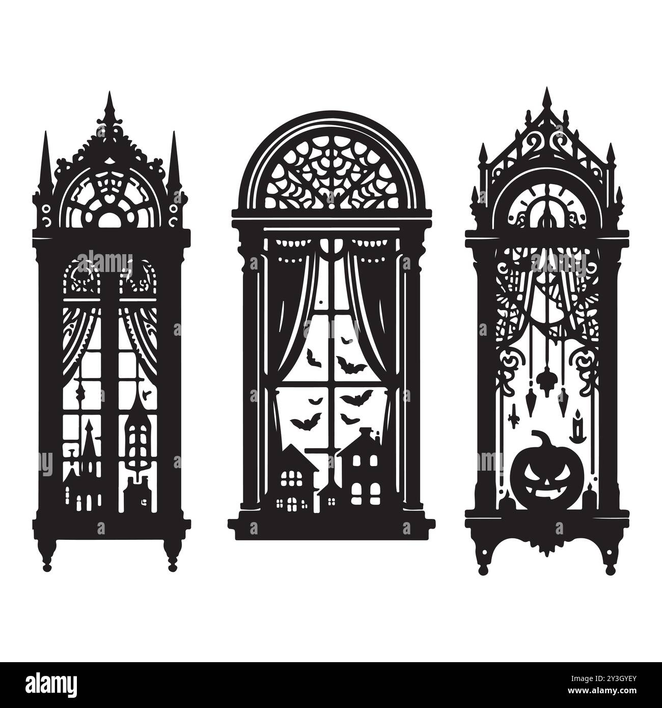 Set of Halloween window silhouettes isolated on a white background ...
