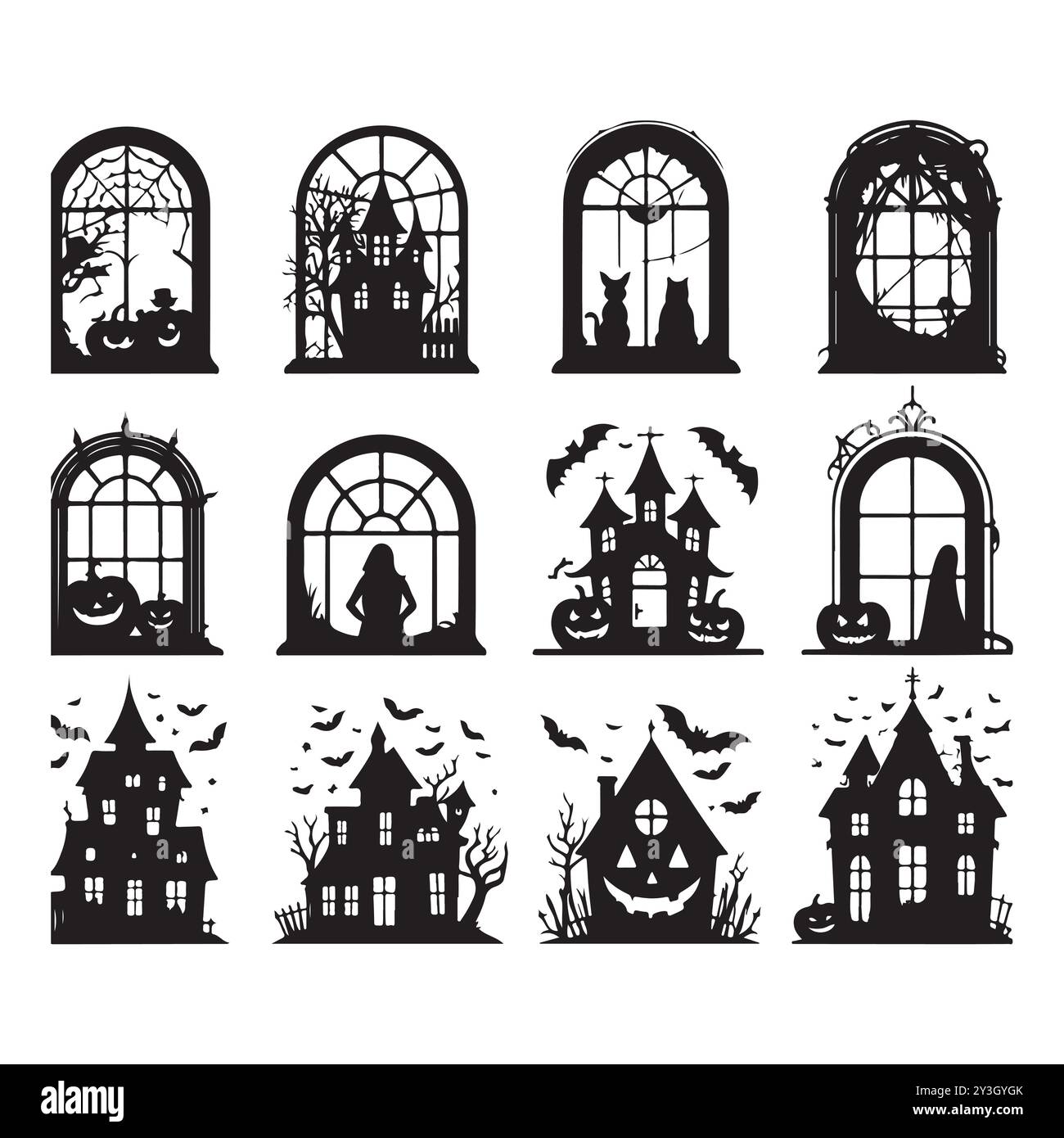 Set of Halloween window silhouettes isolated on a white background ...