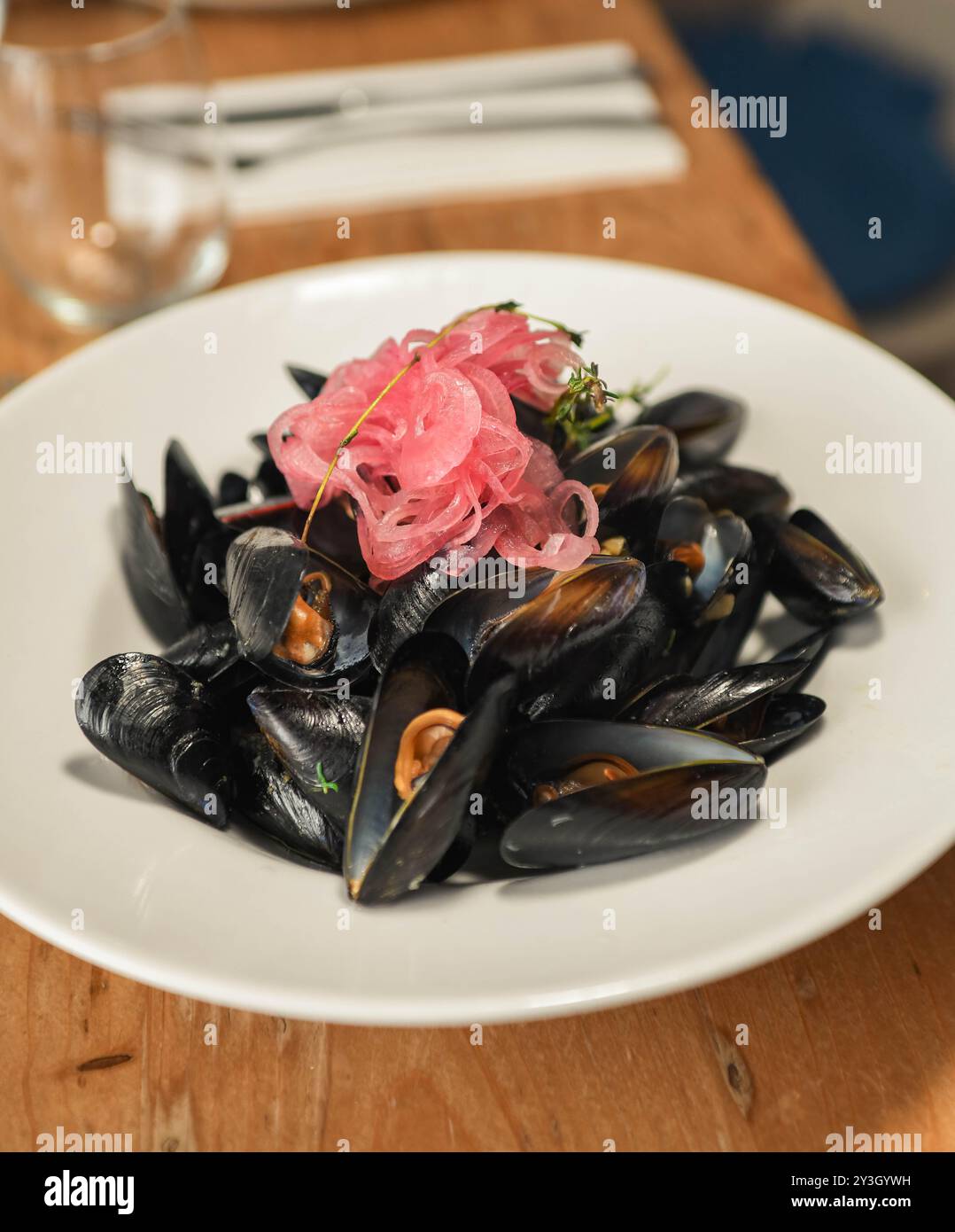 Gourmet portion of Galician mussels in a European seafood restaurant ...