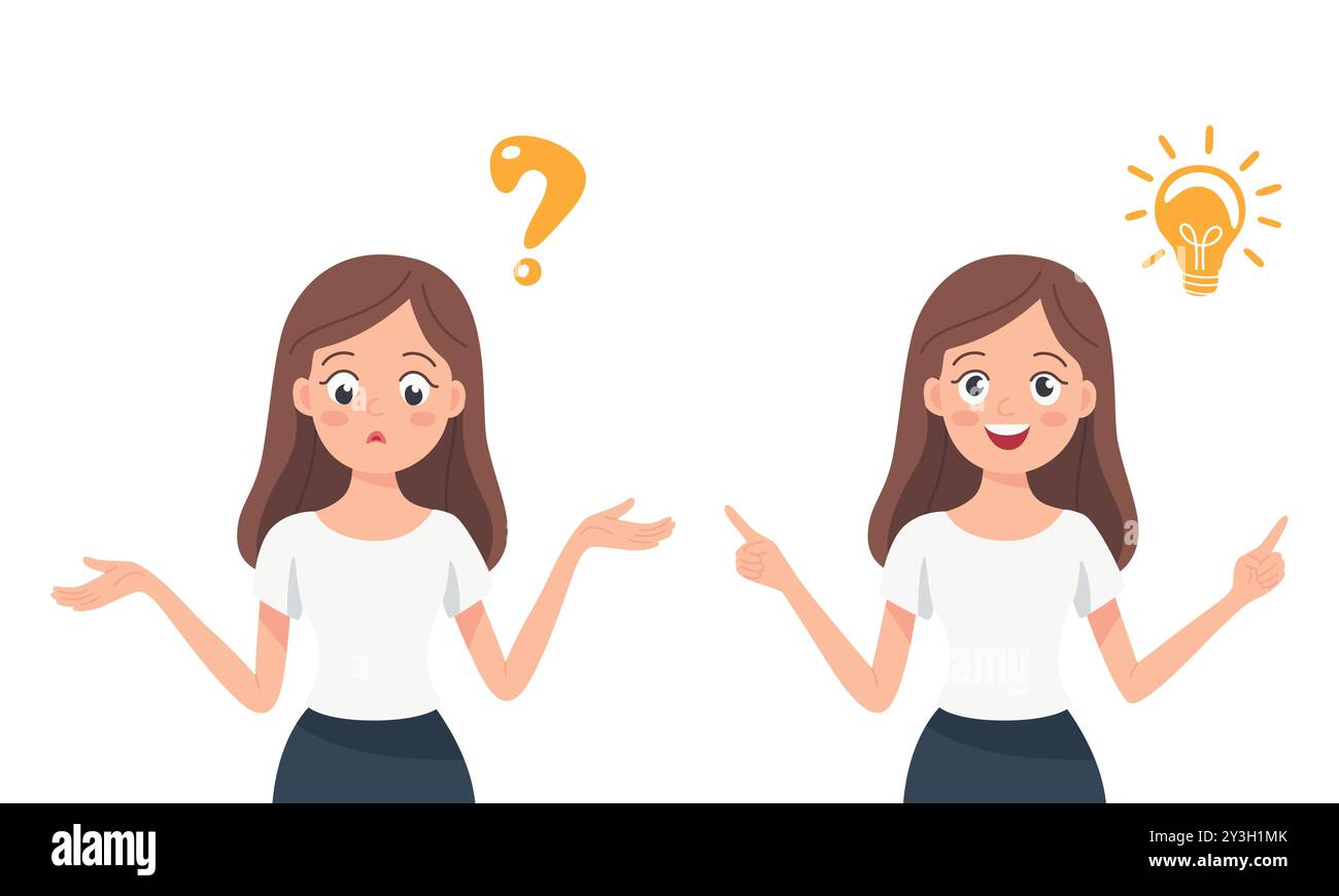 Confused and Happy Cartoon Woman Set. Problem Solving, Question Mark and Lightbulb Idea ...