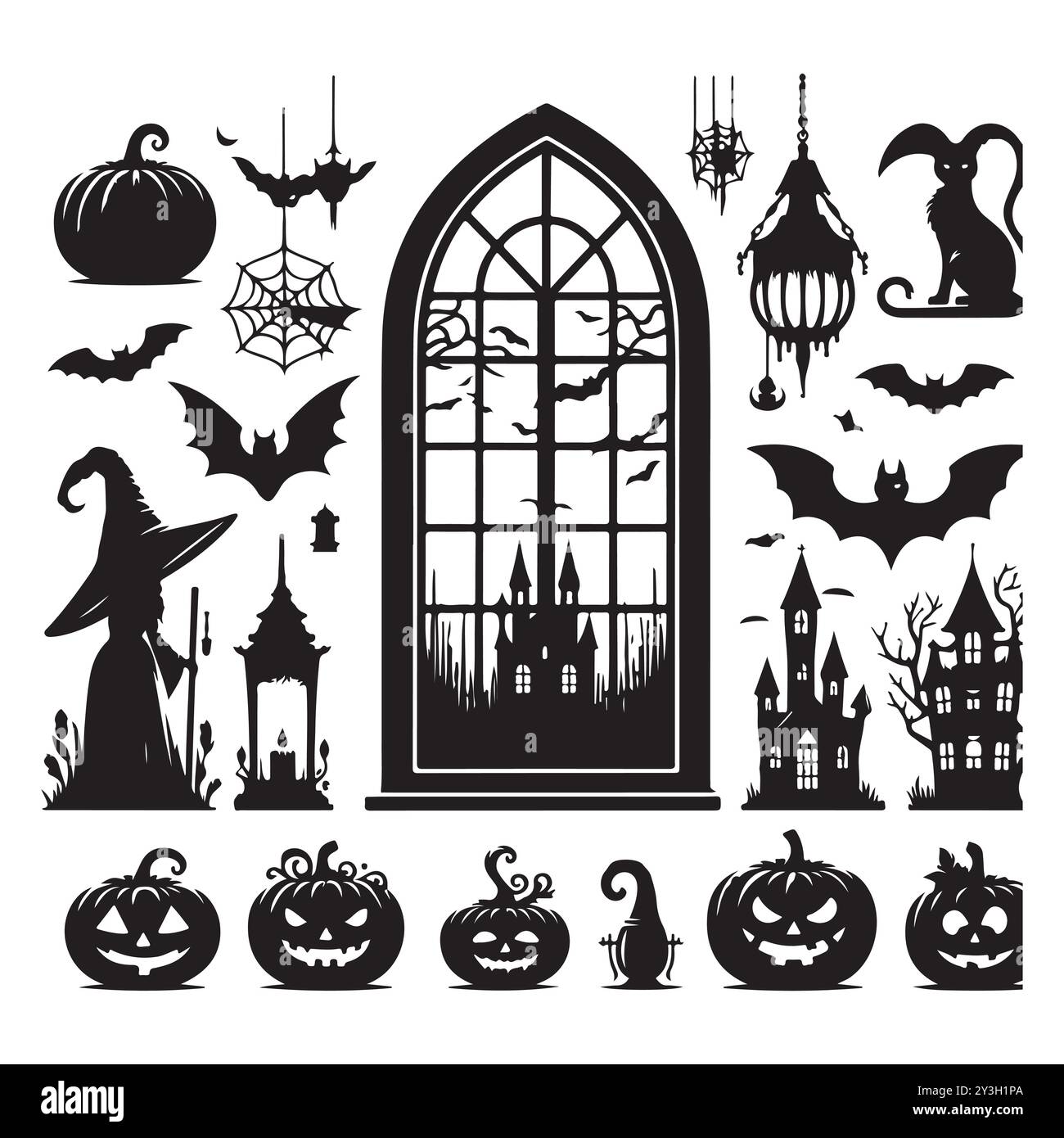 Set of Halloween window silhouettes isolated on a white background ...