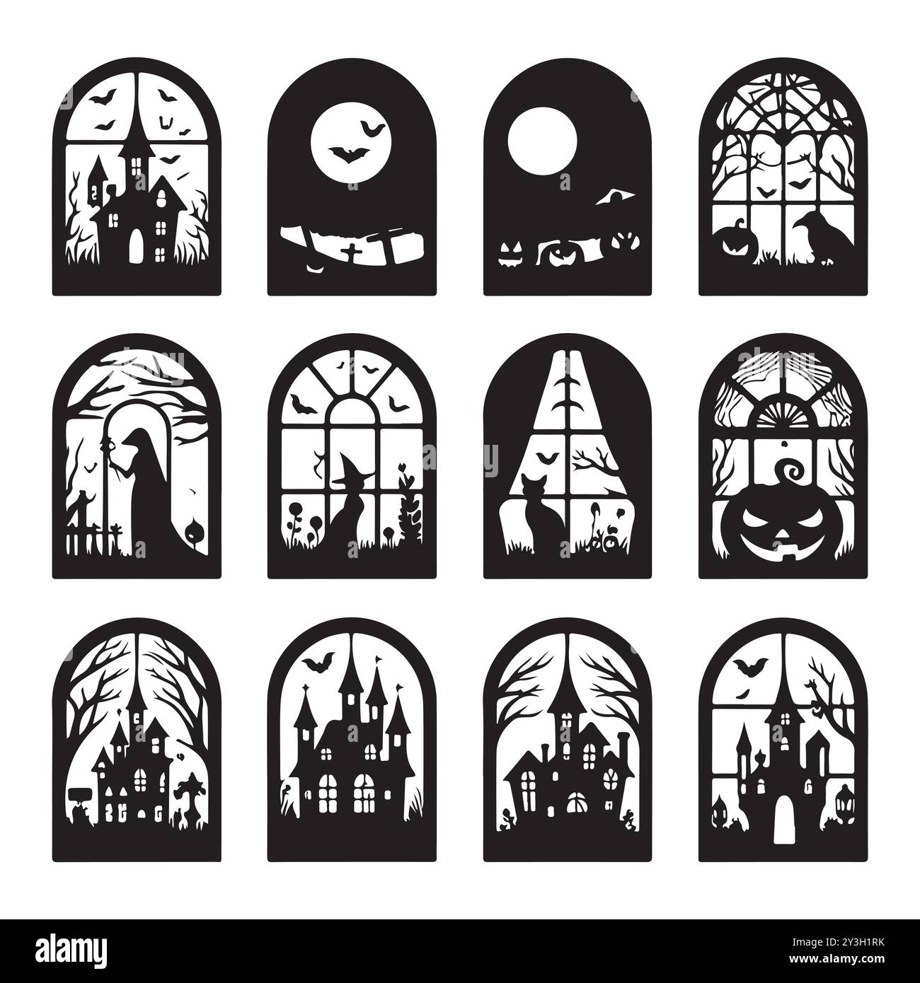 Set of Halloween window silhouettes isolated on a white background ...
