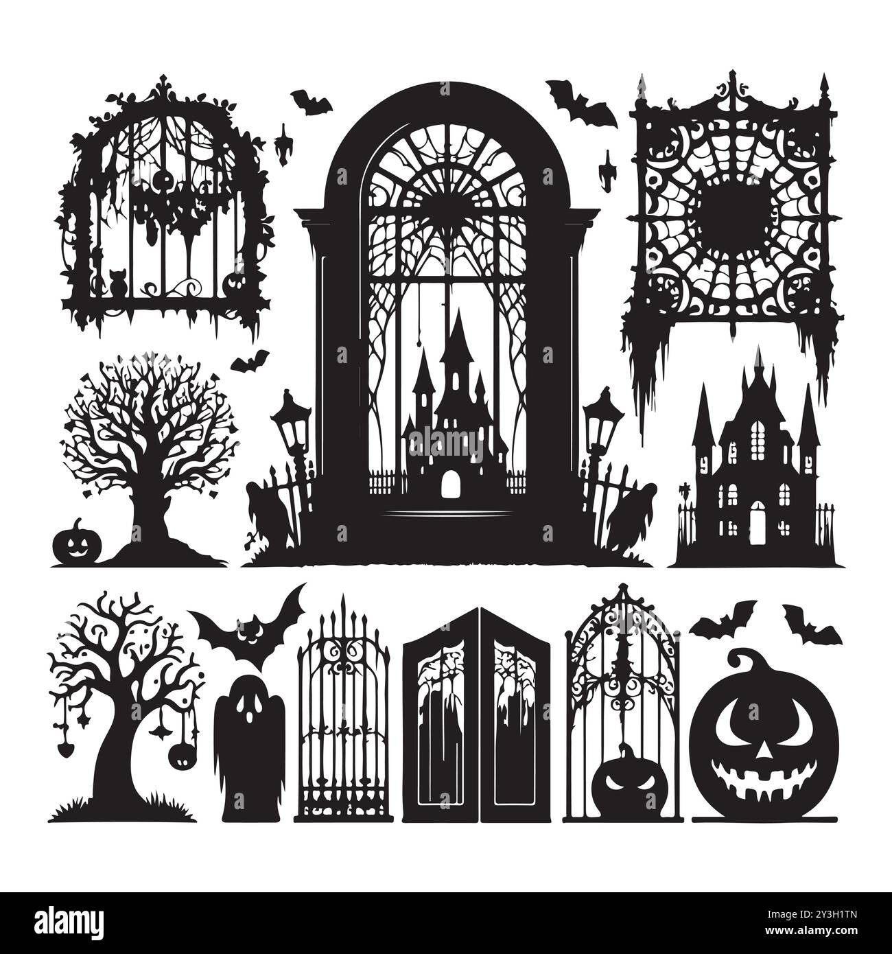 Set of Halloween window silhouettes isolated on a white background ...