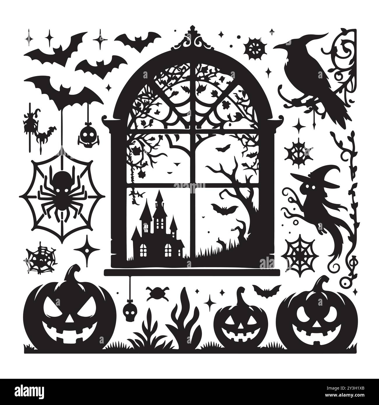 Set of Halloween window silhouettes isolated on a white background ...