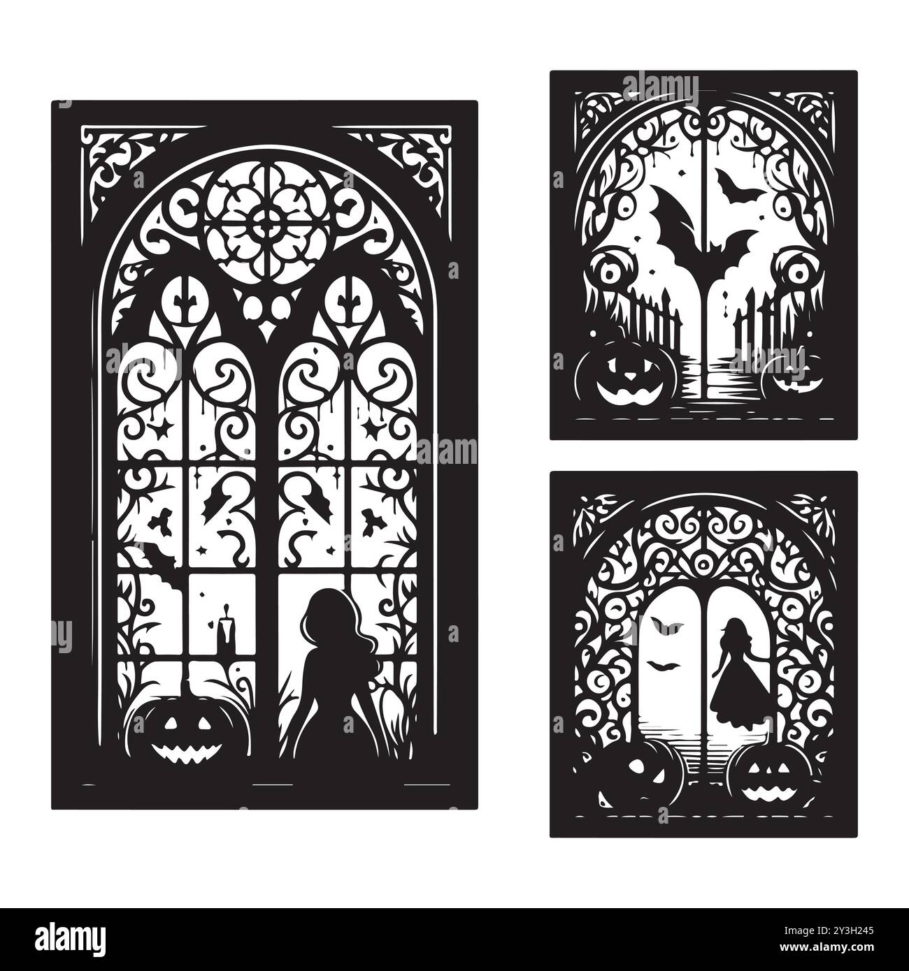 Set of Halloween window silhouettes isolated on a white background ...