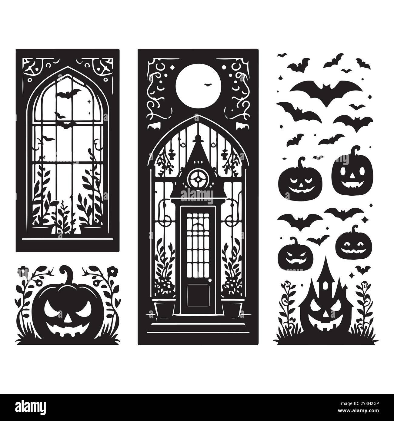 Set of Halloween window silhouettes isolated on a white background ...