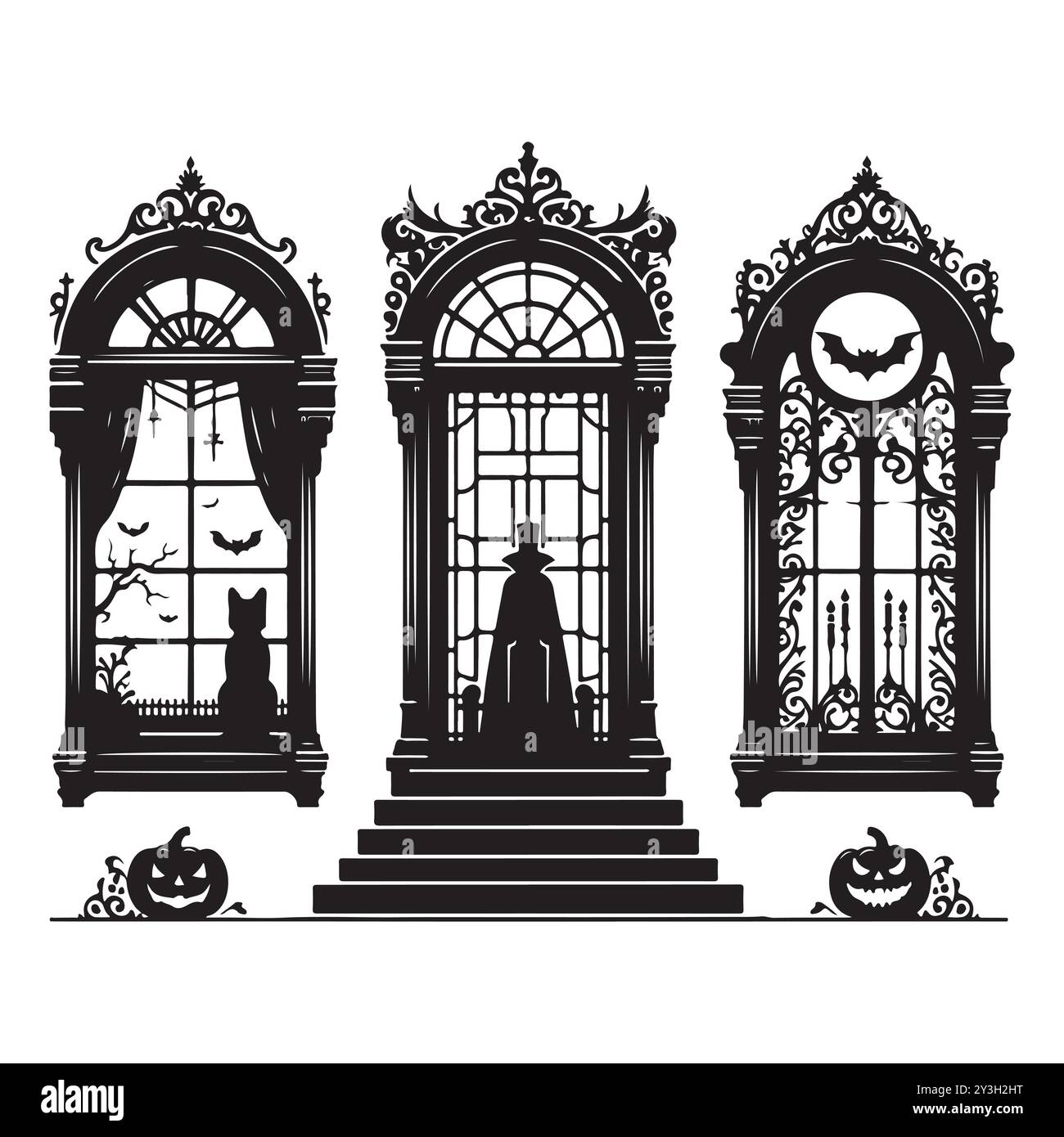 Set of Halloween window silhouettes isolated on a white background ...